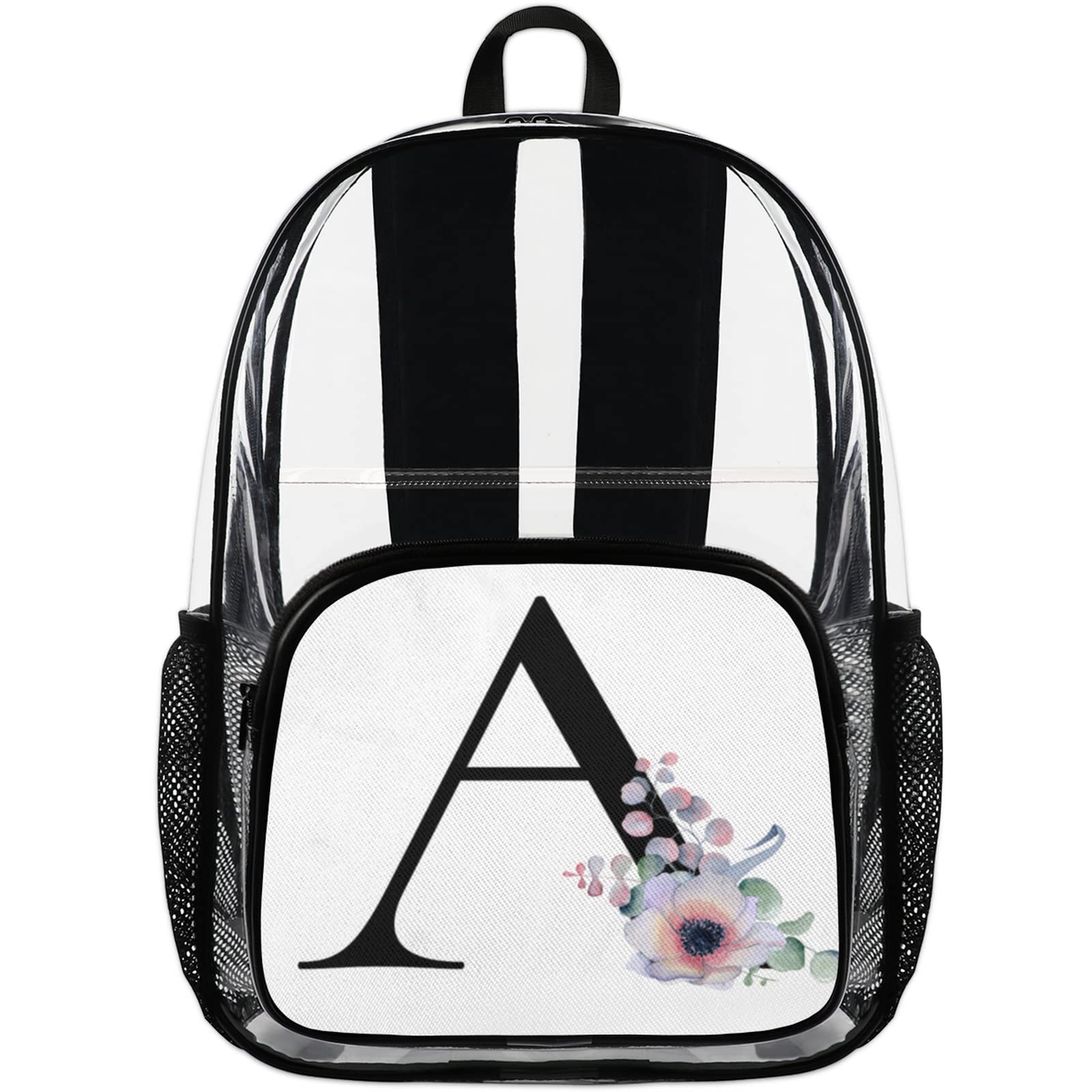 Heavy Duty Clear Backpack Stadium Approved, Alphabet Monogram Floral M Letter PVC Transparent Backpack See Through Large Bookbag for Work School Travel College