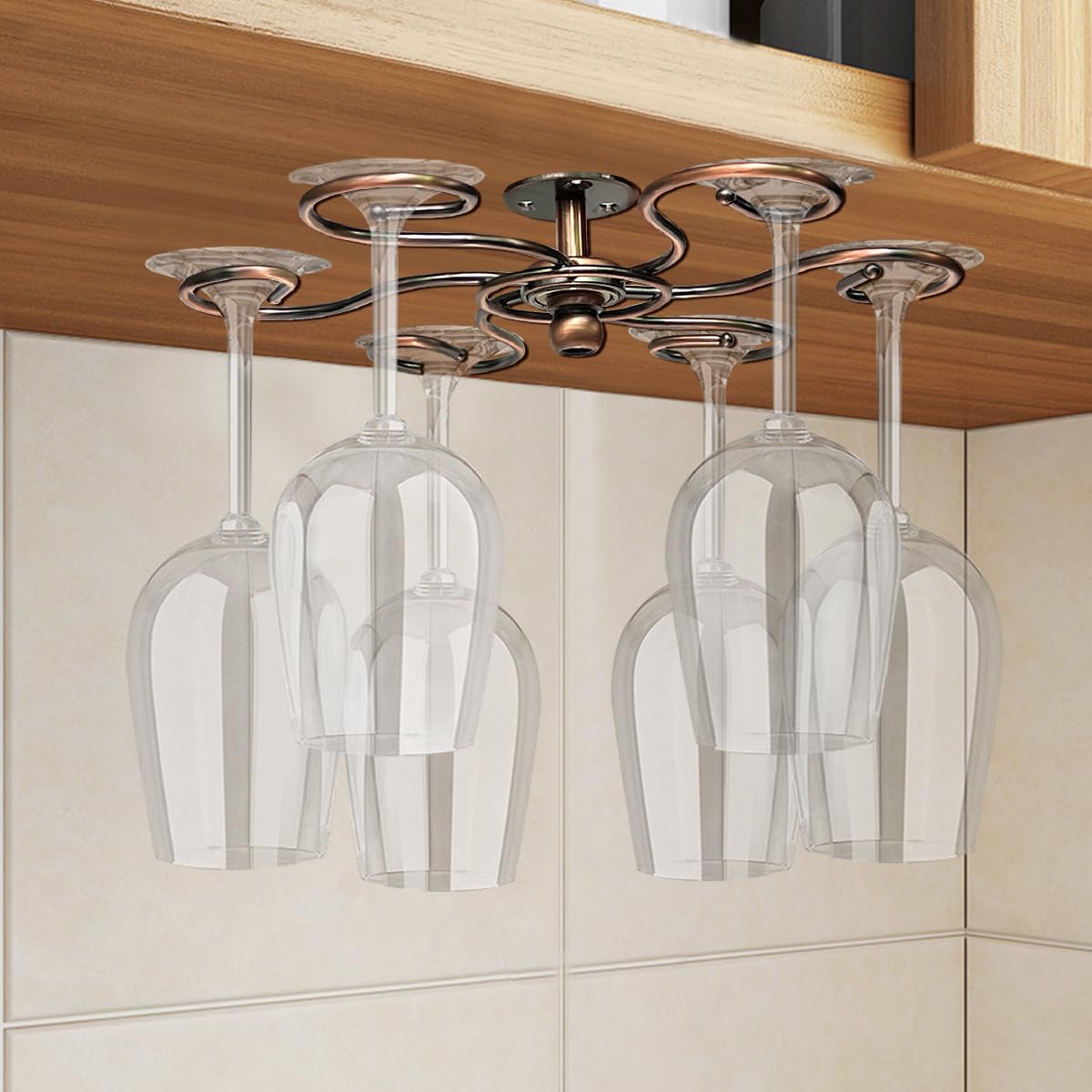 GeLive Rotary Wine Glass Rack Under Cabinet Stemware Holder, Under Shelf Glass Hanger Drying Rack Organizer With 6 Hooks for Home and Bar Storage (Bronze)