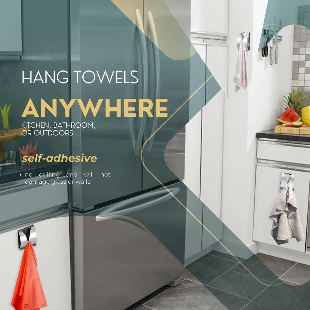 4 Pieces Self Adhesive Towel Hook Holder Grabber, Kitchen Dish Towel Holder, Stainless Steel Kitchen Dish Wall Mount Non-Drilling Towel Hook Tea Towel Holders for Kitchen Bathroom