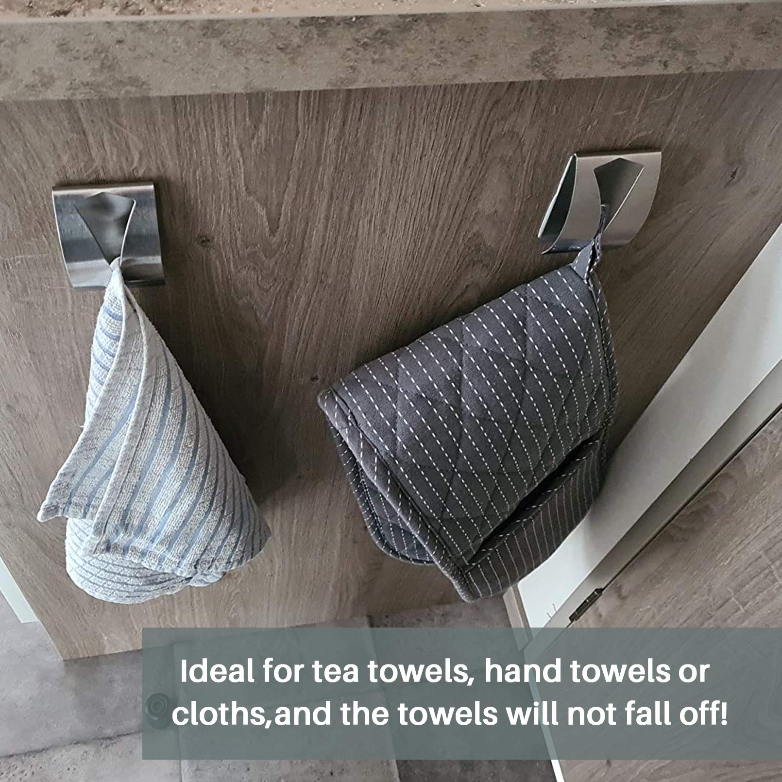 4 Pieces Self Adhesive Towel Hook Holder Grabber, Kitchen Dish Towel Holder, Stainless Steel Kitchen Dish Wall Mount Non-Drilling Towel Hook Tea Towel Holders for Kitchen Bathroom