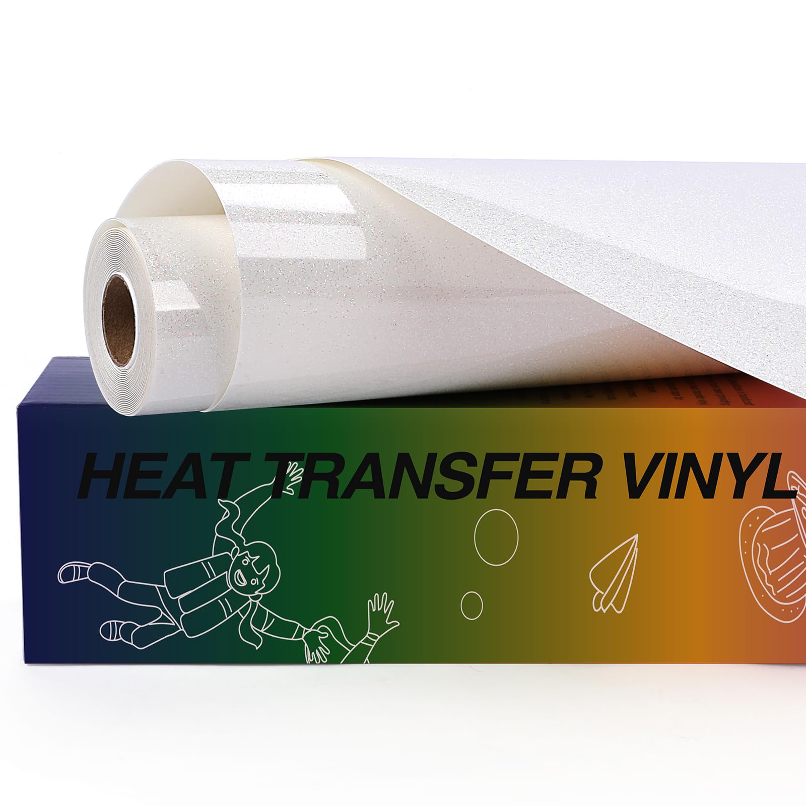 HTVRONT Rainbow White Glitter Heat Transfer Vinyl Roll - 10" x 10 FT White Glitter Iron on Vinyl, White Glitter HTV Vinyl for Shirts - Easy to Cut & Weed