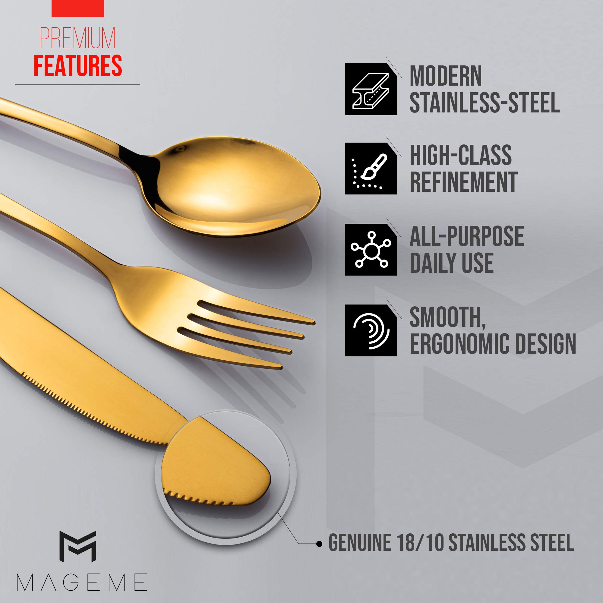 20-Piece Gold Silverware Set, MAGEME Premium Stainless Steel Flatware Cutlery Set for 4, Home Restaurant Hotel, Kitchen Utensils Set, Include Forks Spoons, Mirror Polished, Dishwasher Safe