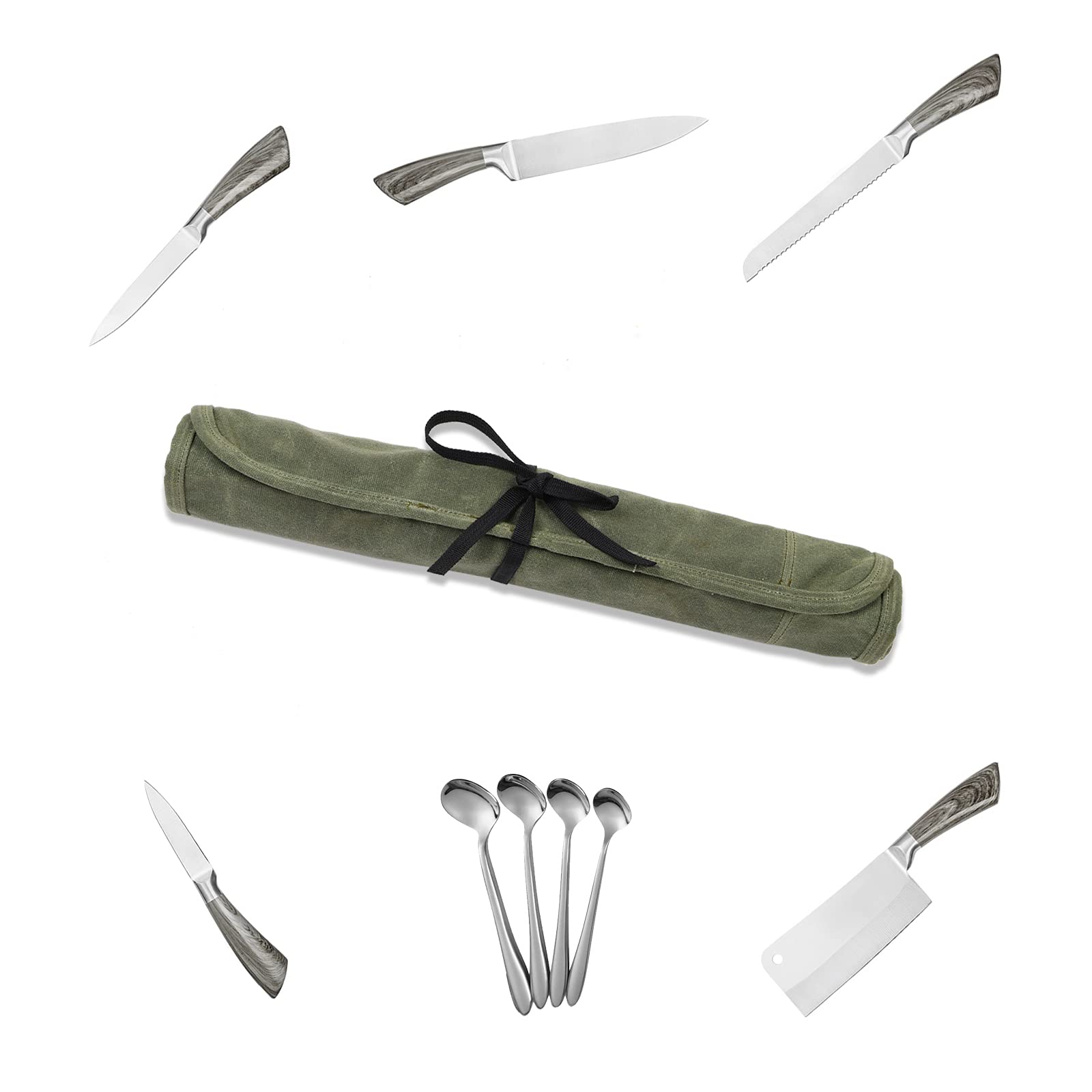 Chef Knife Roll Bag with 6 Slots,Waxed Canvas Knife Carrying Case,Chef Knife Bag,Knife Pouch Can Hold Home Kitchen Knife Tools up to 17 inch,Knife Storage for Travel Camping,BBQ,Culinary School.
