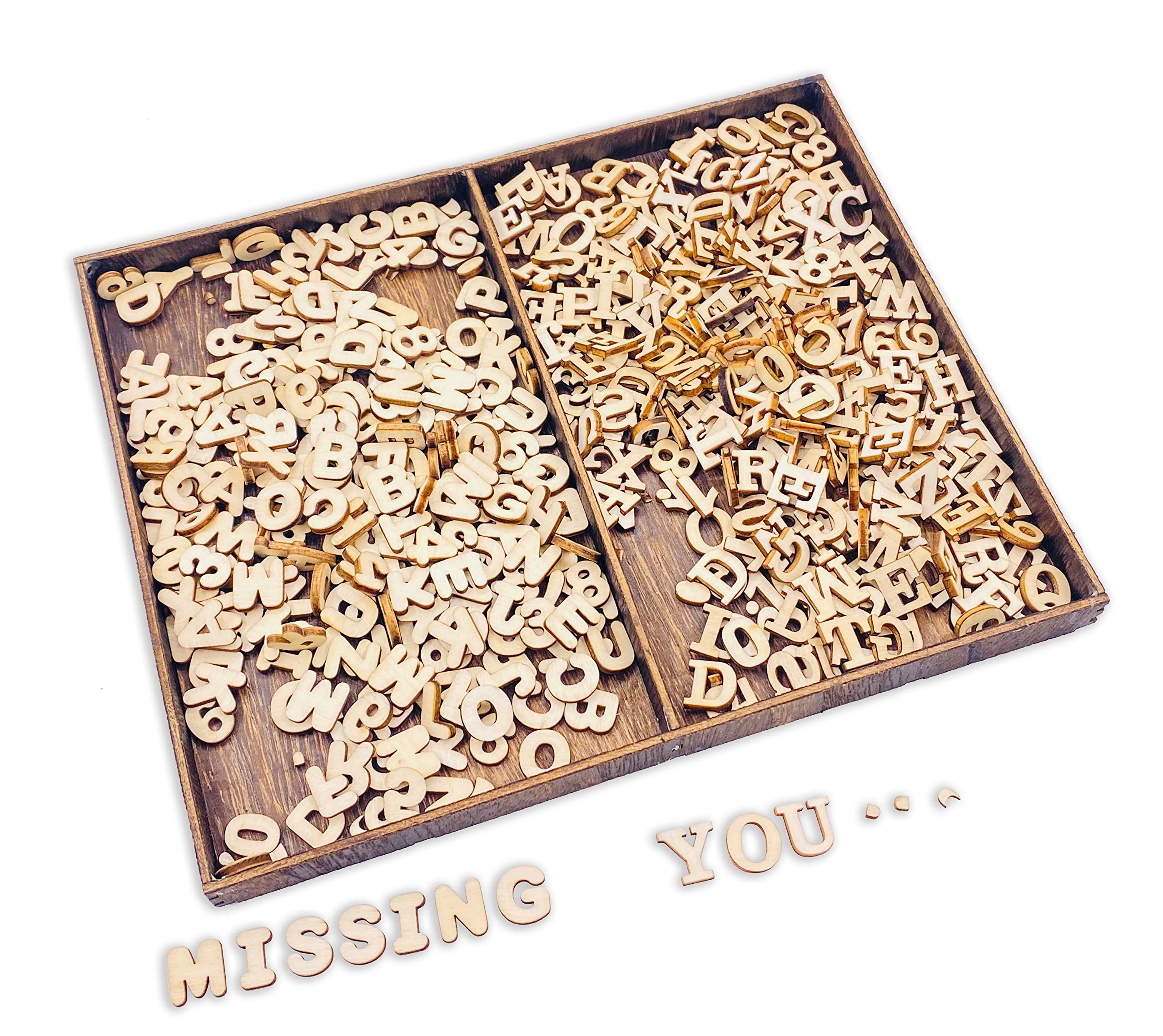 592 Pieces 1/2 Inch Mini Wooden Alphabet Letters and Unfinished Wood Numbers with Rustic Storage Tray for Scrapbooking DIY Crafts Homemade Gifts