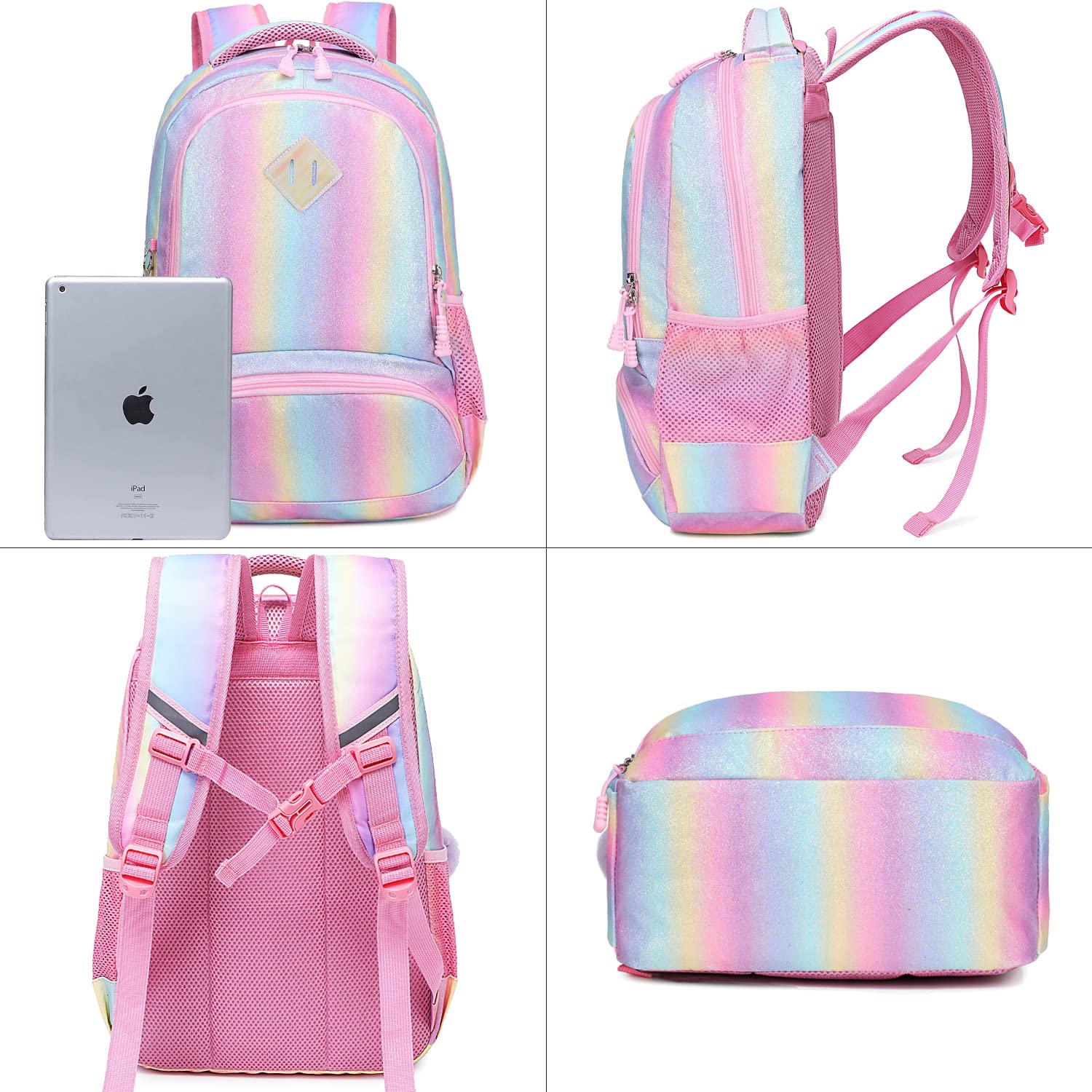 Girls Backpack Rainbow Glitter Kids School Bookbag 3 in 1 Set School Bag with Lunch Bag Pencil Case
