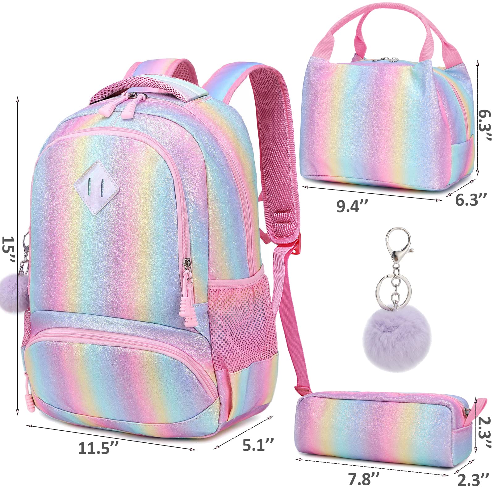 Girls Backpack Rainbow Glitter Kids School Bookbag 3 in 1 Set School Bag with Lunch Bag Pencil Case