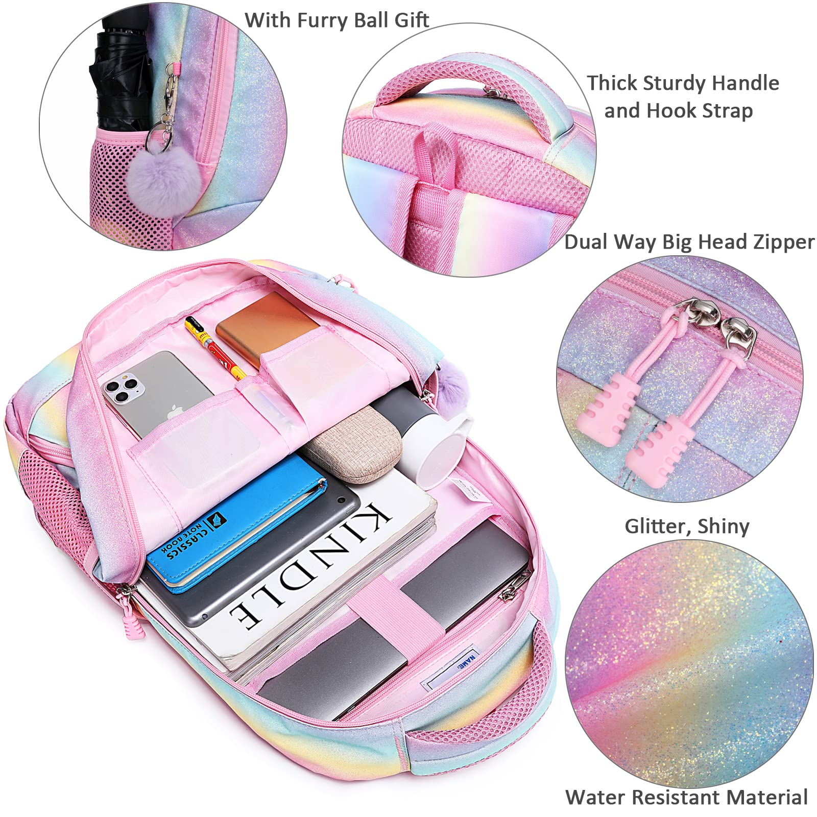 Girls Backpack Rainbow Glitter Kids School Bookbag 3 in 1 Set School Bag with Lunch Bag Pencil Case