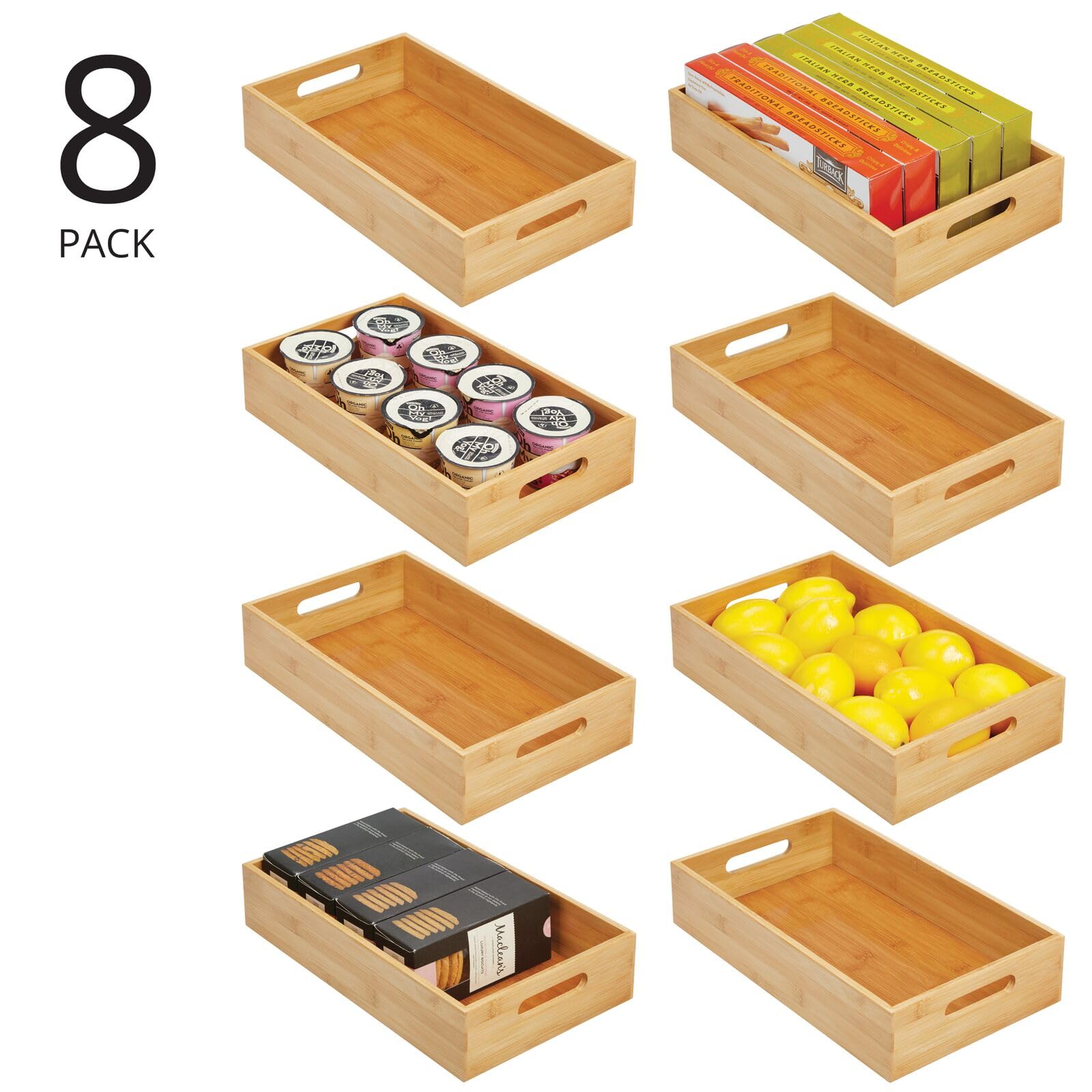 mDesign Wide Bamboo Kitchen Cabinet & Fridge Drawer Organizer Tray - Storage Bin with Handles for Cutlery, Serving Spoons, Cooking Utensils, Appliances - Echo Collection, 8 Pack, Natural Wood