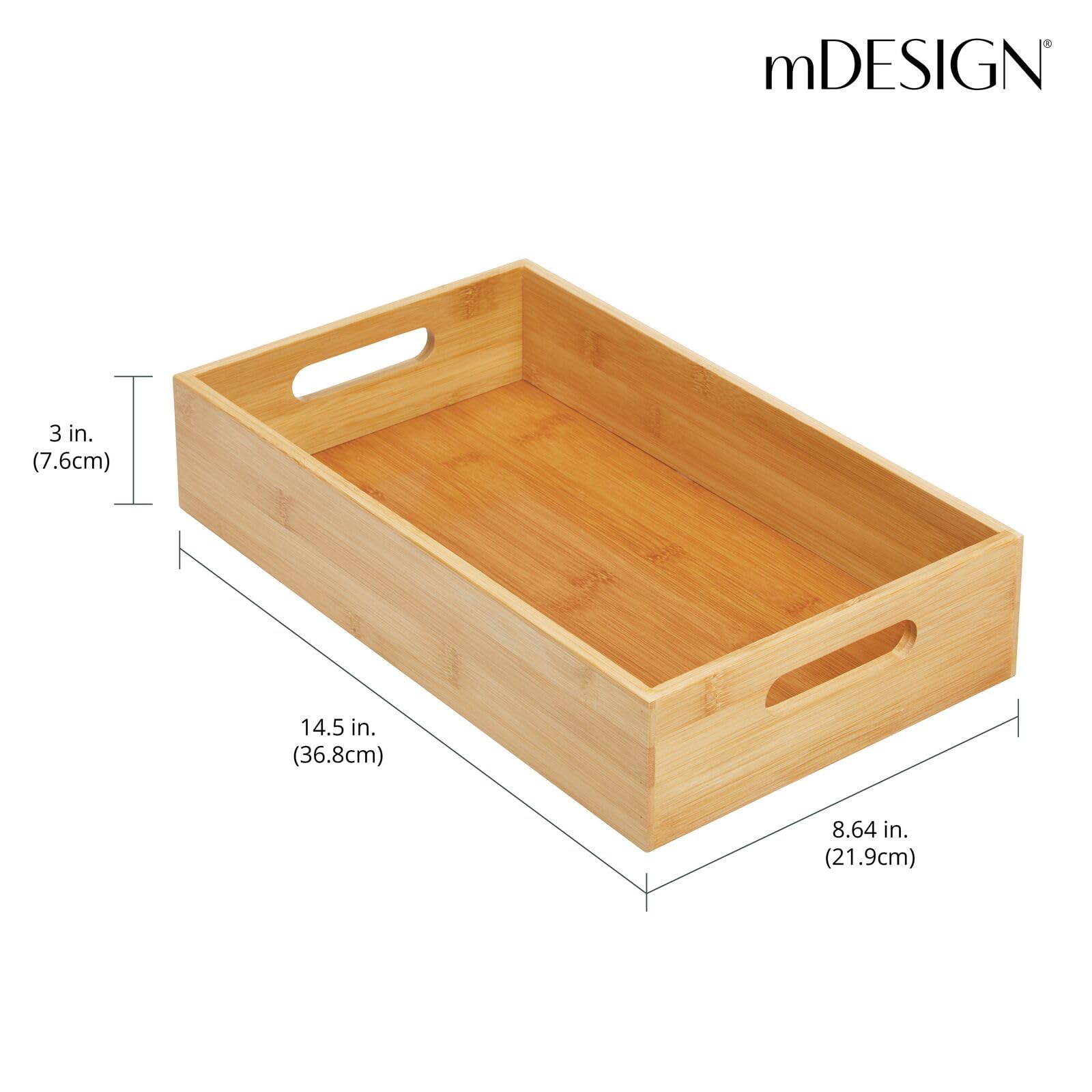mDesign Wide Bamboo Kitchen Cabinet & Fridge Drawer Organizer Tray - Storage Bin with Handles for Cutlery, Serving Spoons, Cooking Utensils, Appliances - Echo Collection, 8 Pack, Natural Wood