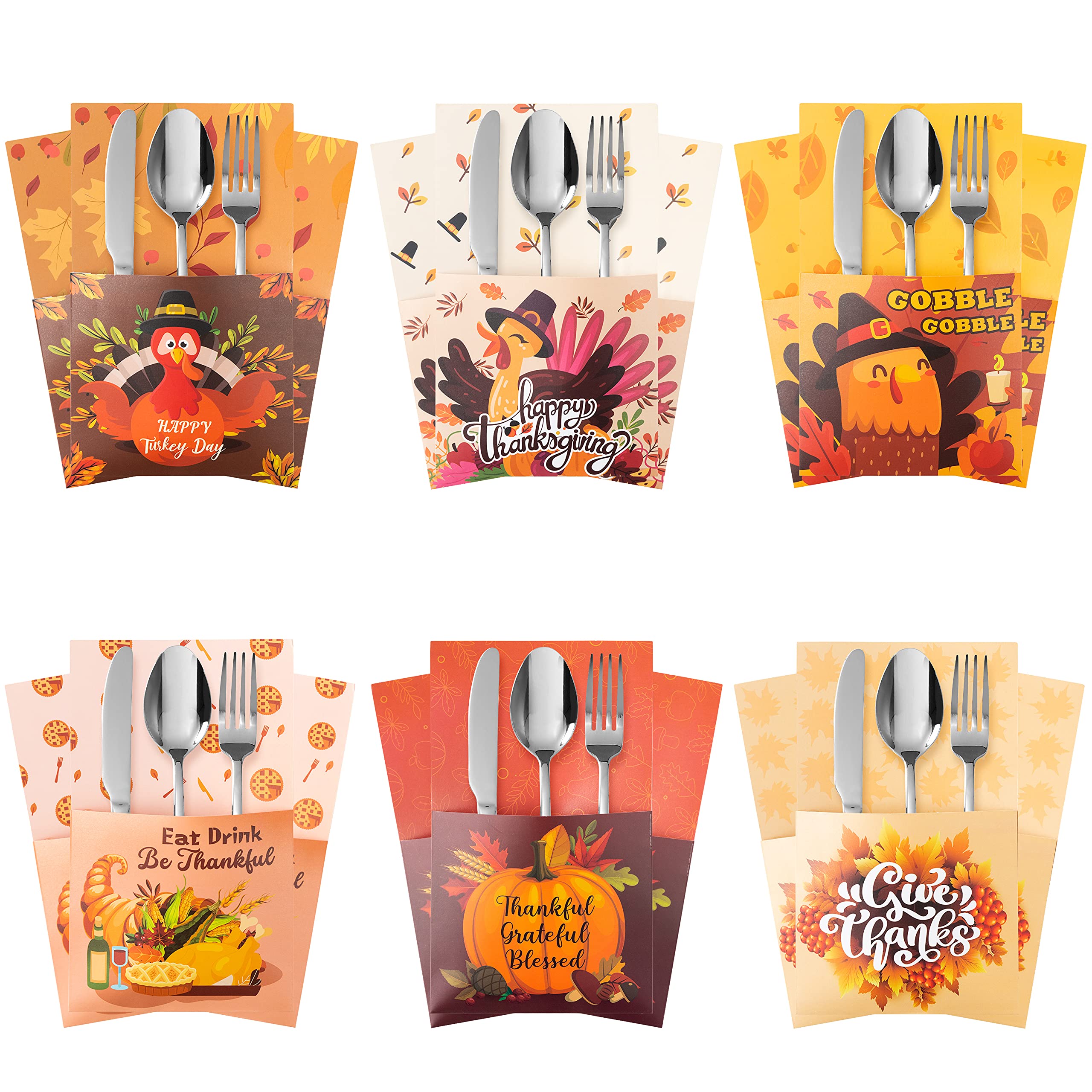 GROBRO7 36Pcs Thanksgiving Cutlery Holders Autumn Silverware Wrap Bag Happy Turkey Day Pumpkin Maple Leaf Tableware Holder Pouch for Knife Fork Fall Harvest Party Supplies for Dinner Table Decor