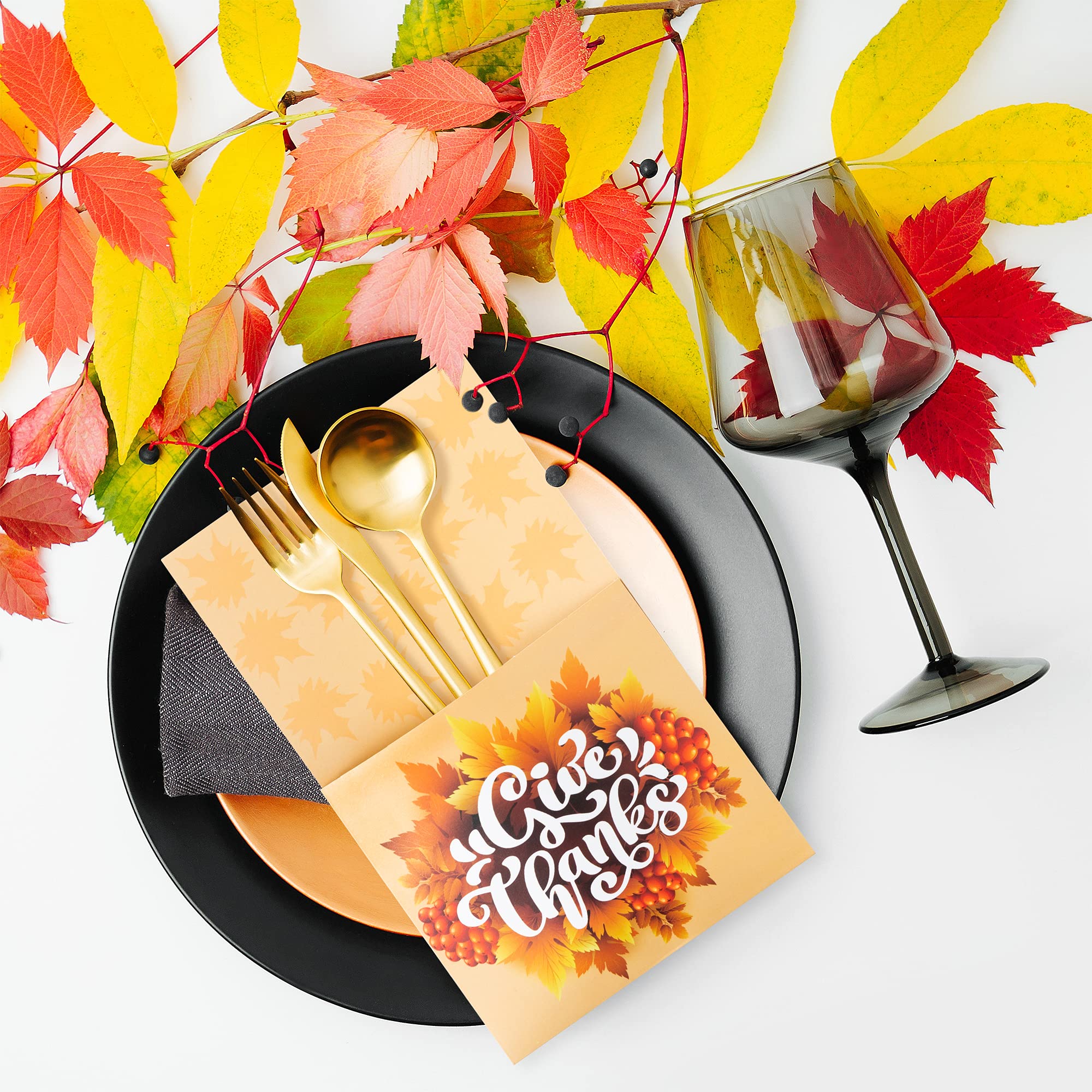 GROBRO7 36Pcs Thanksgiving Cutlery Holders Autumn Silverware Wrap Bag Happy Turkey Day Pumpkin Maple Leaf Tableware Holder Pouch for Knife Fork Fall Harvest Party Supplies for Dinner Table Decor