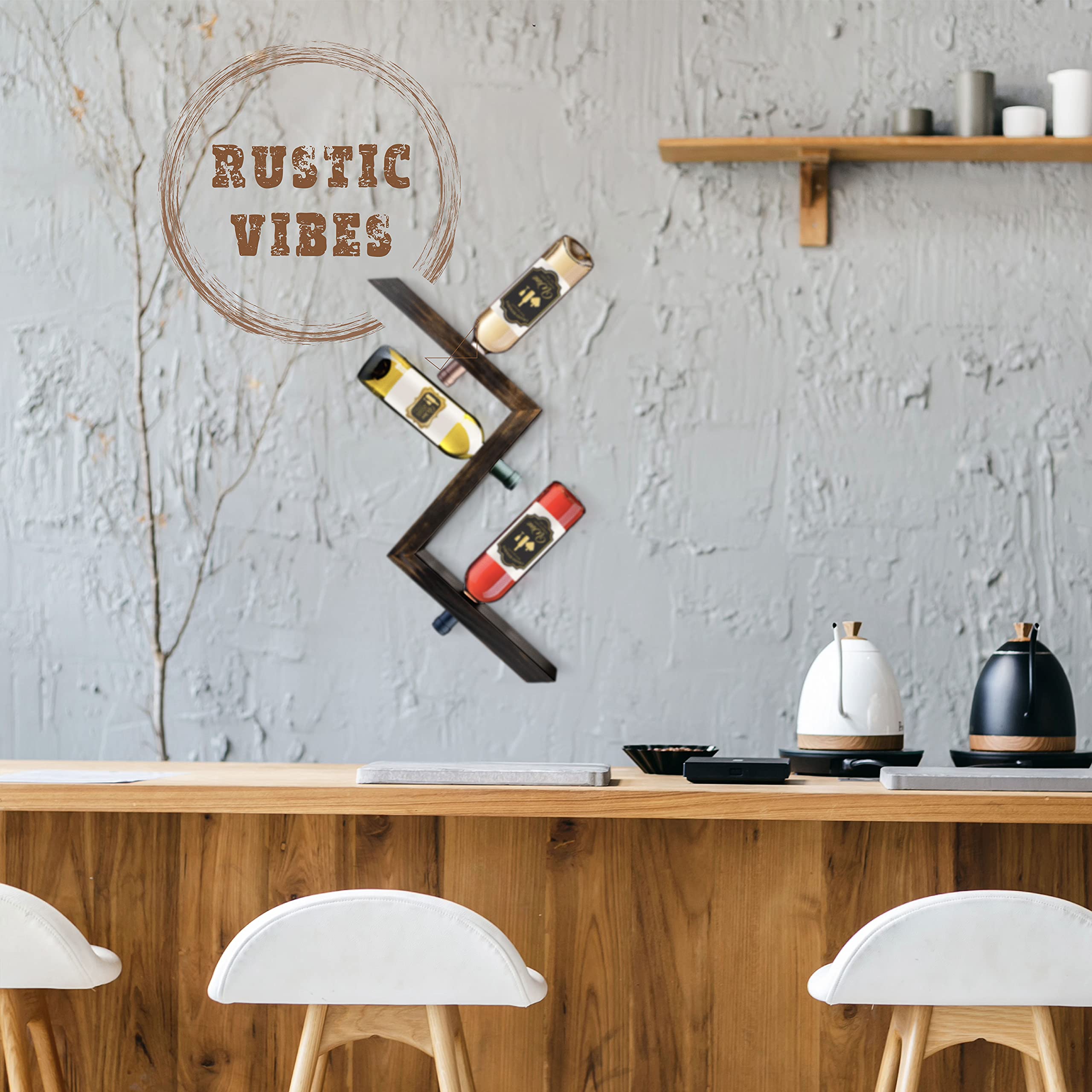 Charmont Wooden Wall Mounted Wine Rack -Rustic Zig Zag Floating Shelves Wine Bottle Holder for Bar, Kitchen Storage, Dining Room, Wedding Gift, Wall Home Décor; 6 Bottles (Dark Walnut)