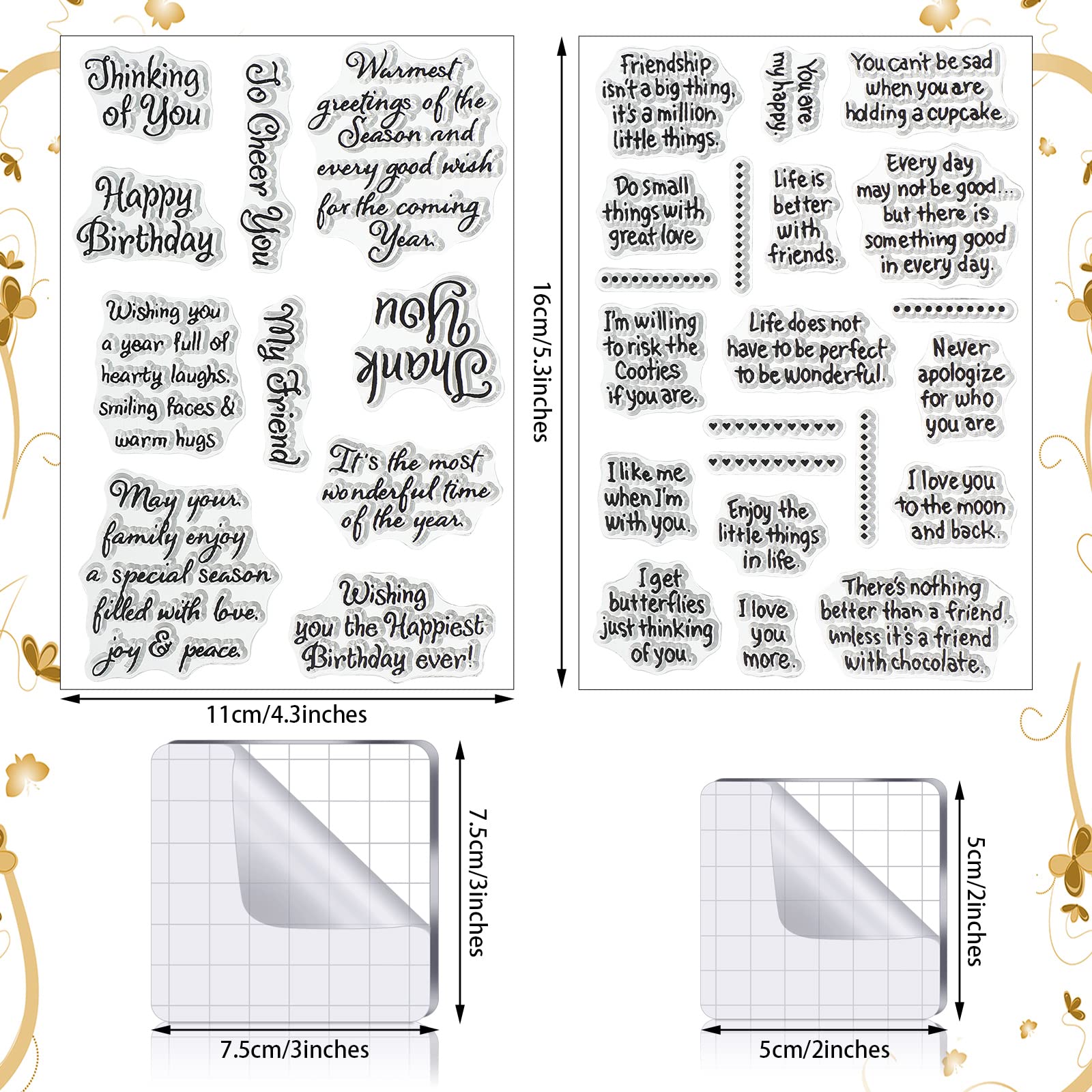 4 Sheets Sentiments Rubber Clear Stamps Set Different Sentiments Rubber Clear Stamp 2 Pieces Acrylic Stamp Blocks Tools with Grid Lines for Holiday Card Making and DIY Scrapbooking Journaling