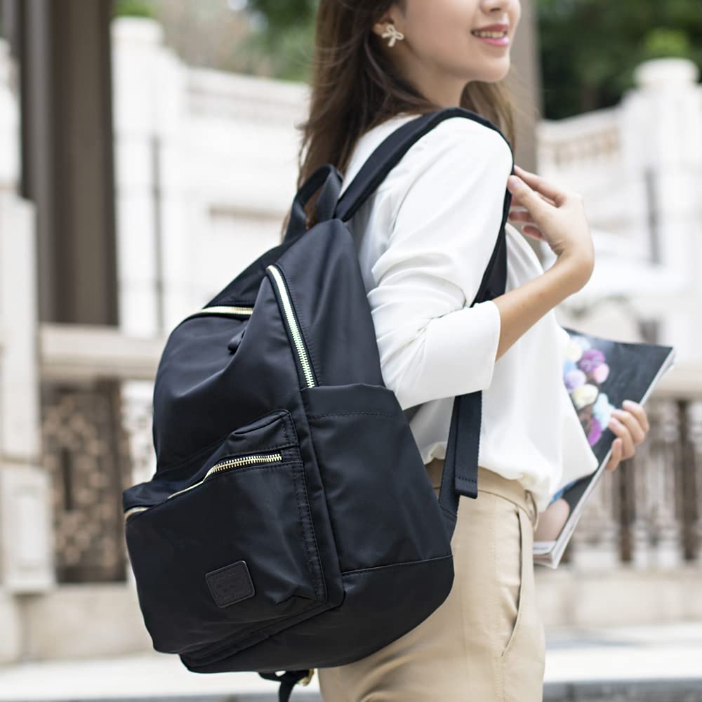 Camelia de Amour Women backpack purse Fashion Nylon Rucksack medium size (t295-115 black/gold Hardware)