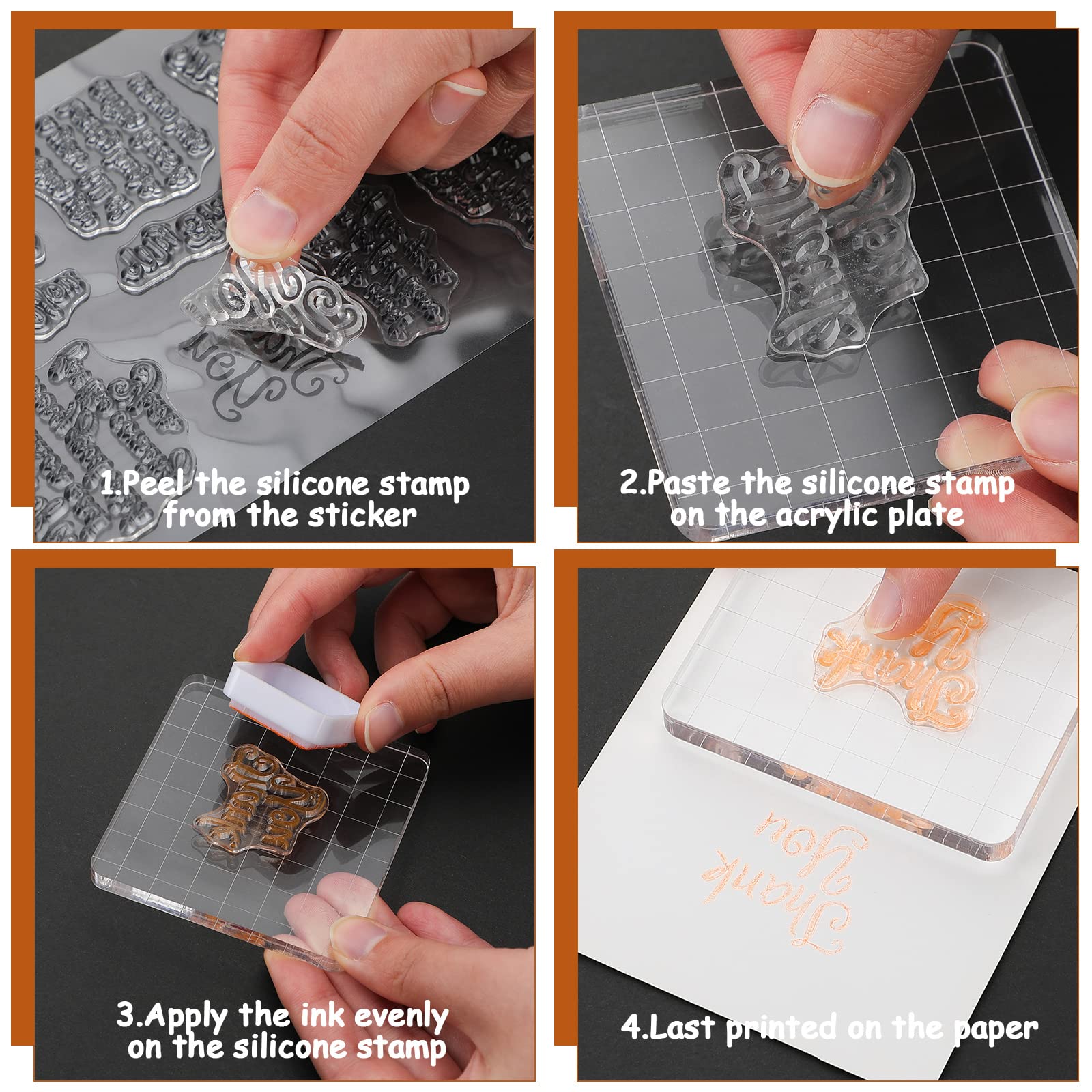 4 Sheets Sentiments Rubber Clear Stamps Set Different Sentiments Rubber Clear Stamp 2 Pieces Acrylic Stamp Blocks Tools with Grid Lines for Holiday Card Making and DIY Scrapbooking Journaling