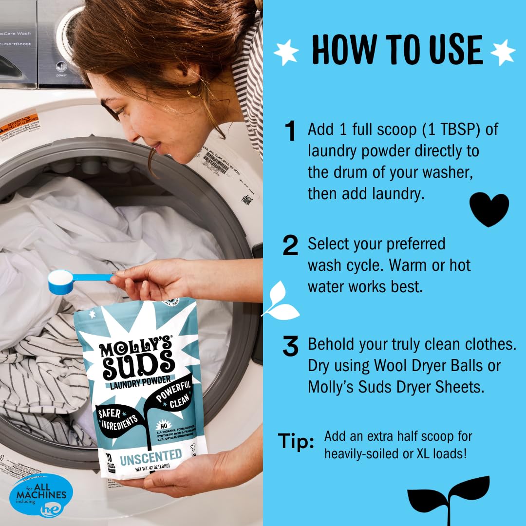 Molly's Suds Original Laundry Detergent Powder | Natural Laundry Detergent for Sensitive Skin | Earth-Derived Ingredients, Stain Fighting | 120 Loads
