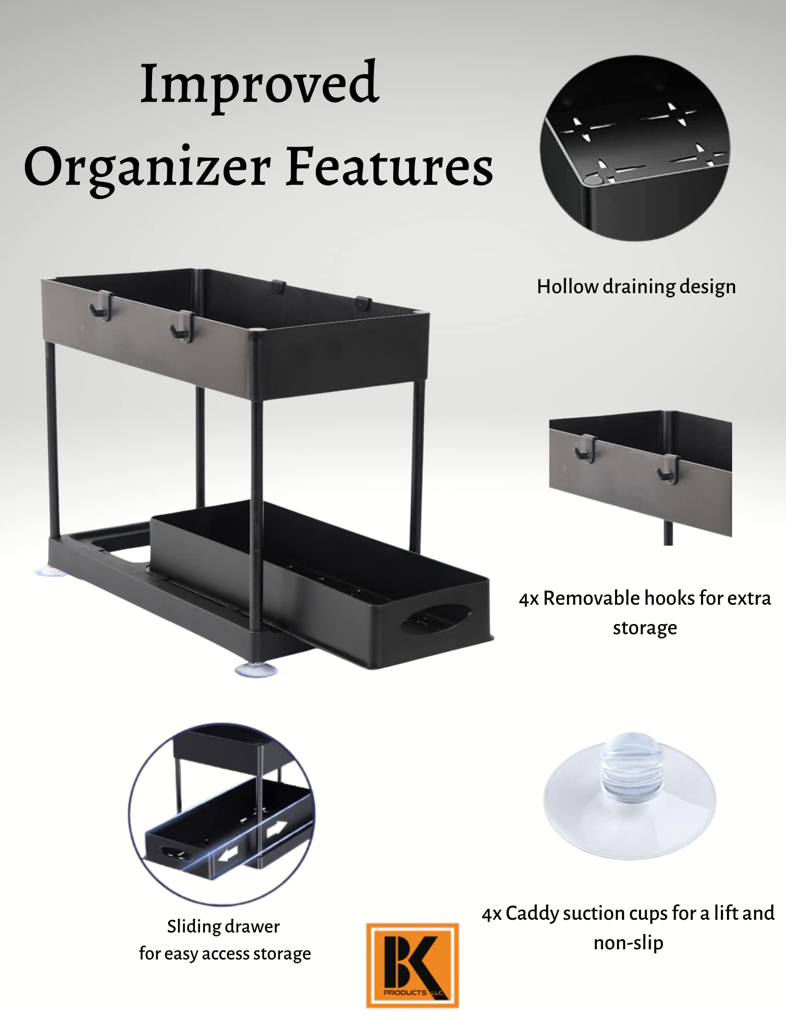 Under Sink Organizer and Storage, Under Sink Storage for Bathroom and Kitchen, Bathroom Cabinet Organizer, Sink Organizers with Hooks, 2 Tier Under Sink Organizer with Sliding Storage Drawer
