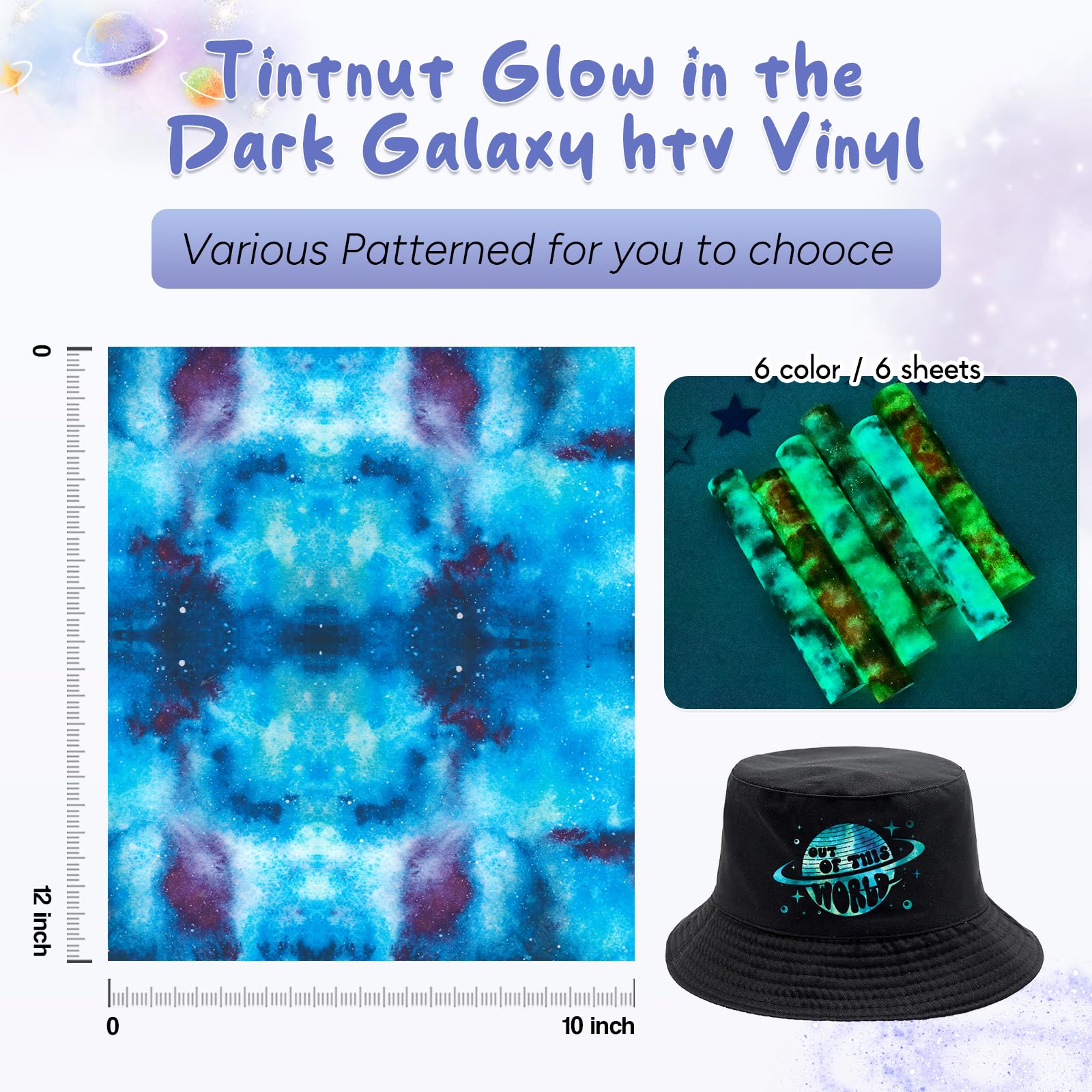 Tintnut Glow in Dark HTV Heat Transfer Vinyl - 12x10 inch 6 Sheets Luminous Color Changing Iron on Vinyl Galaxy HTV Vinyl for T-Shirts DIY Compatible with Cricut or Silhouette Cameo