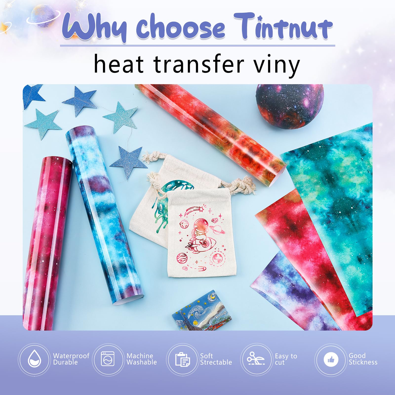 Tintnut Glow in Dark HTV Heat Transfer Vinyl - 12x10 inch 6 Sheets Luminous Color Changing Iron on Vinyl Galaxy HTV Vinyl for T-Shirts DIY Compatible with Cricut or Silhouette Cameo