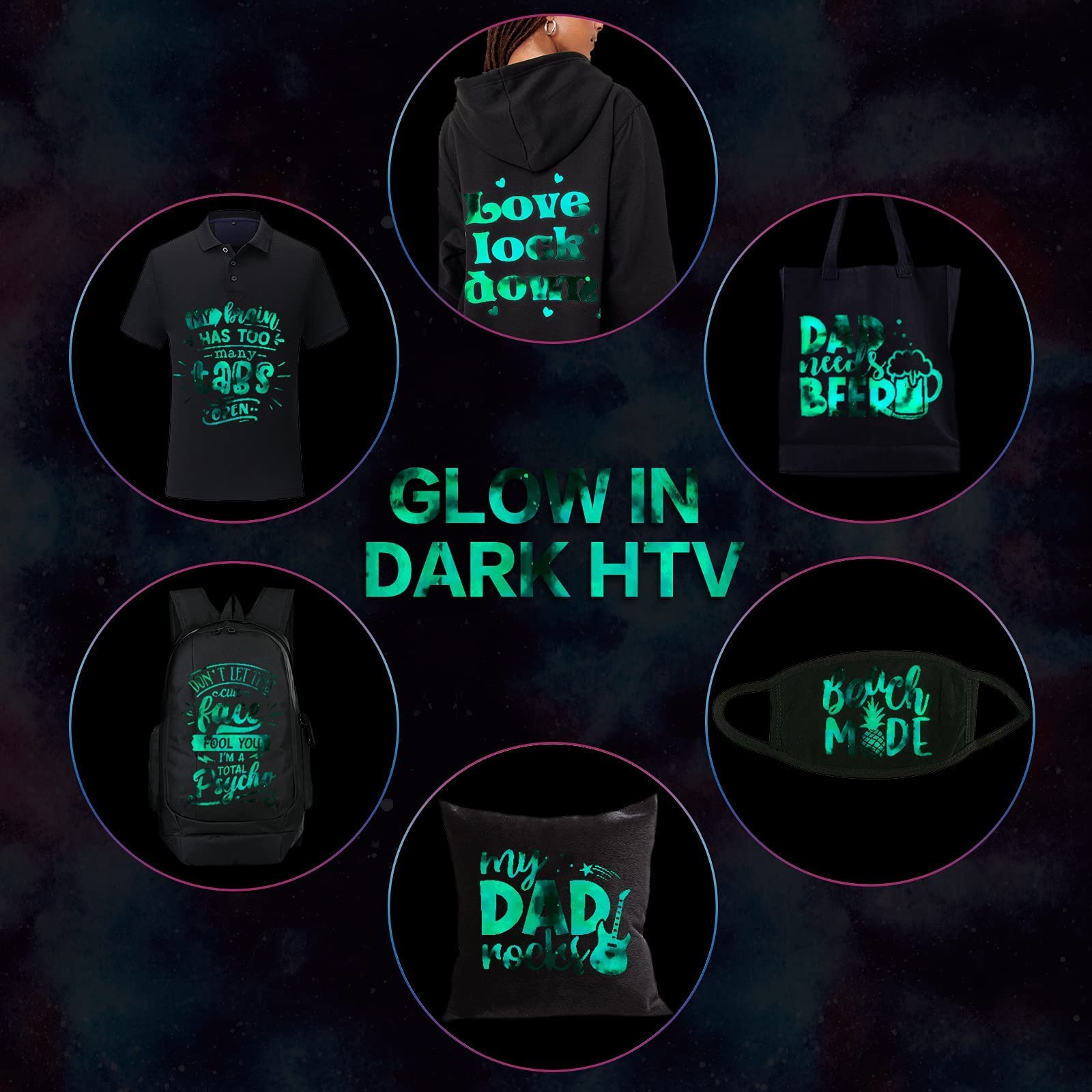 Tintnut Glow in Dark HTV Heat Transfer Vinyl - 12x10 inch 6 Sheets Luminous Color Changing Iron on Vinyl Galaxy HTV Vinyl for T-Shirts DIY Compatible with Cricut or Silhouette Cameo