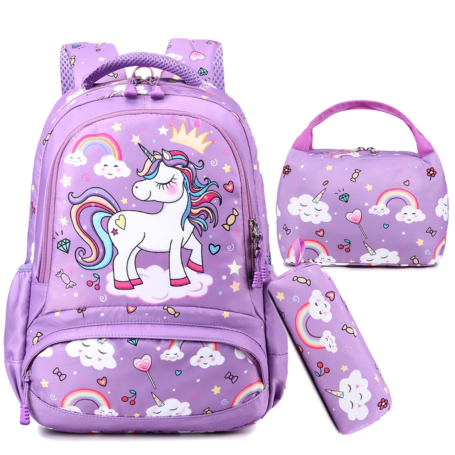 Unicorn Backpack for Girls Kids School backpack for Elementary Water Resistant Girls School Bag Unicorn Bookbag 3 Piece Set with Insulated Lunch Bag and Pencil Case