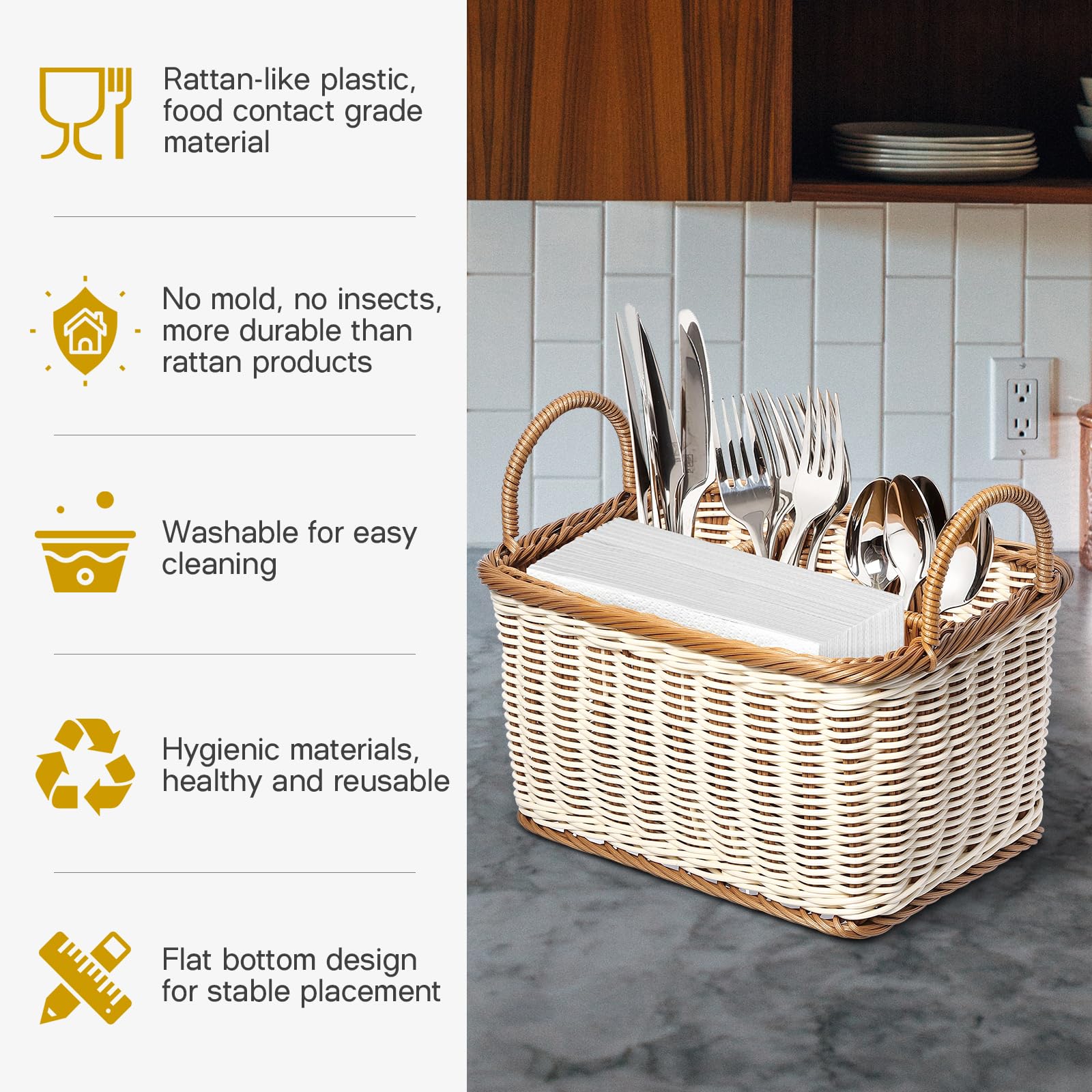 Hemoton Cutlery Storage Organizer Basket, Hand Woven Utensil Holder, Silverware Caddy, Tote Bin Basket for Kitchen Table, Cabinet, Holds Forks, Knives, Spoons, Napkins, Pens, Indoor or Outdoor Use