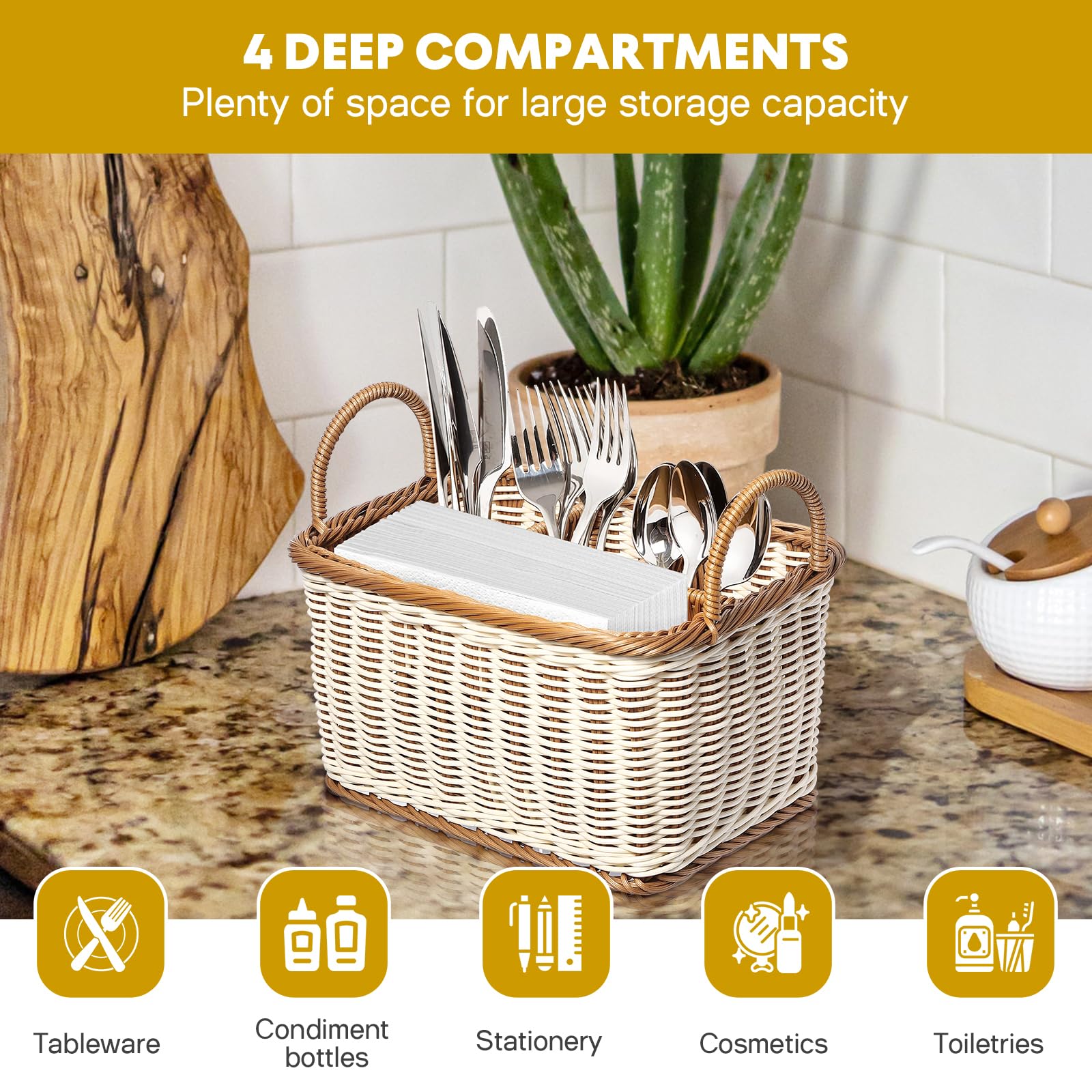 Hemoton Cutlery Storage Organizer Basket, Hand Woven Utensil Holder, Silverware Caddy, Tote Bin Basket for Kitchen Table, Cabinet, Holds Forks, Knives, Spoons, Napkins, Pens, Indoor or Outdoor Use