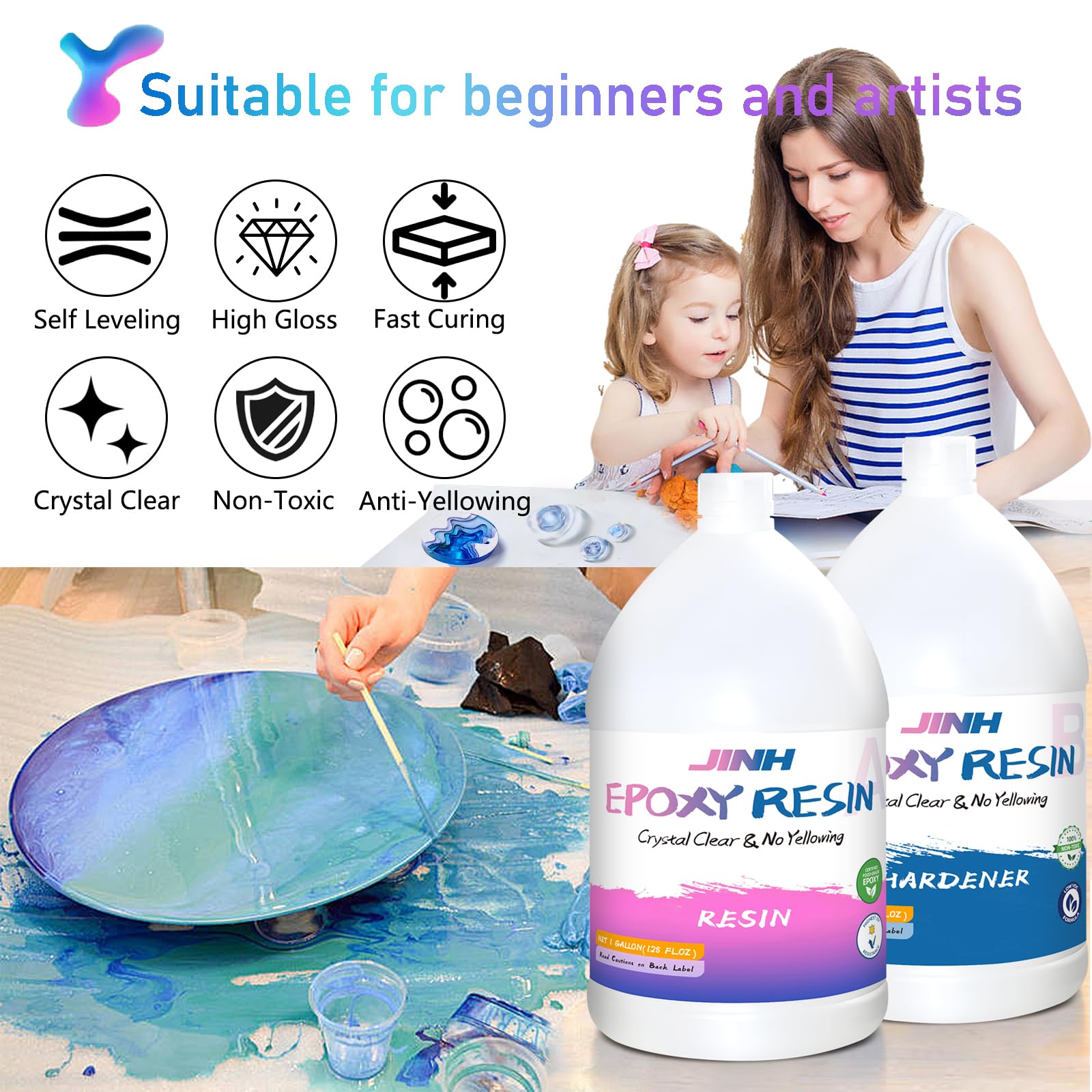 Food Safe Two Part Epoxy Resin, No Yellowing and Bubble, Self Leveling with High Gloss, UV & Heat Resistant, Clear Resin Set for Jewelry Making, Art, Craft, River Tables, Beginner Friendly (16oz)