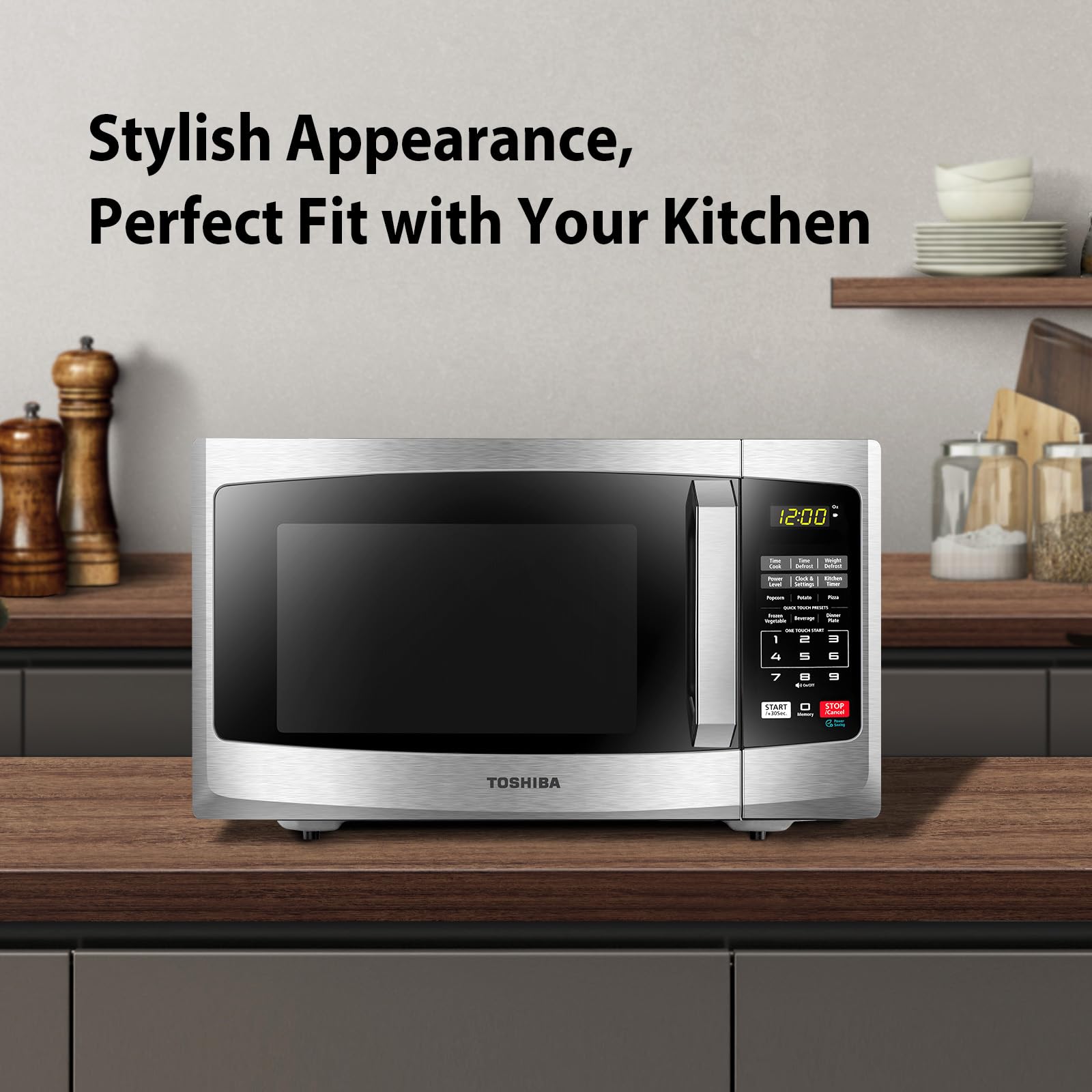 TOSHIBA EM925A5A-SS Countertop Microwave Oven, 0.9 Cu Ft With 10.6 Inch Removable Turntable, 900W, 6 Auto Menus, Mute Function & ECO Mode, Child Lock, LED Lighting, Stainless Steel
