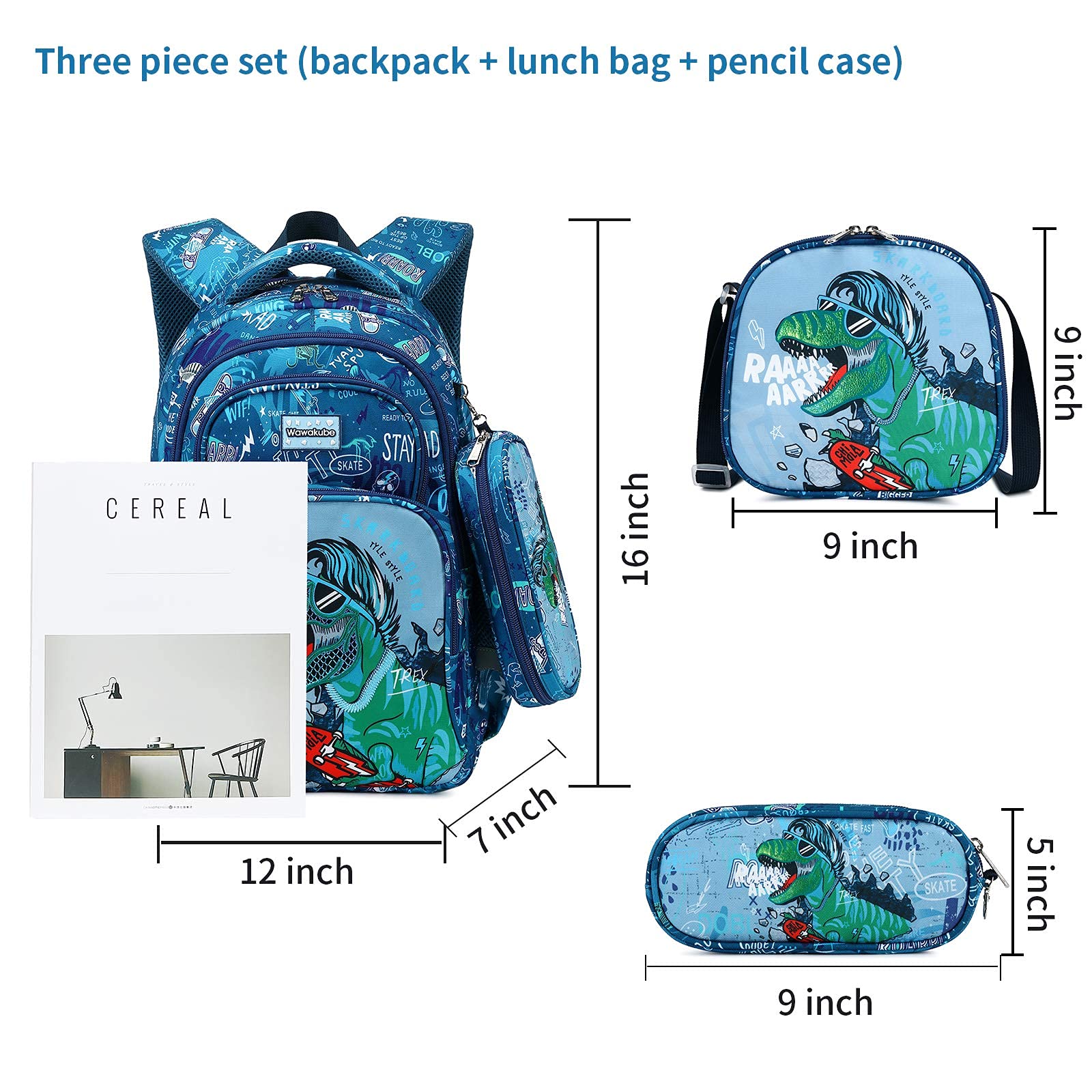Wawakube 3Pcs Boys Dinosaur Backpack Set with Lunch Box Pencil Case, School Book Bag for Kids Elementary Preschool