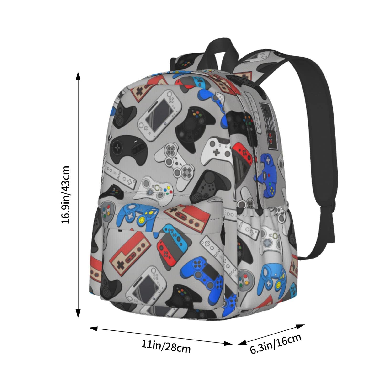 Oplp Video Game Controller Grey Background Large Capacity Backpack Colorful Gamepad Lightweight Personalized Laptop Bag Tablet Travel School Bag with Multiple Pockets