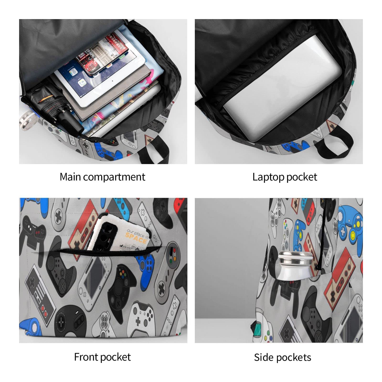 Oplp Video Game Controller Grey Background Large Capacity Backpack Colorful Gamepad Lightweight Personalized Laptop Bag Tablet Travel School Bag with Multiple Pockets