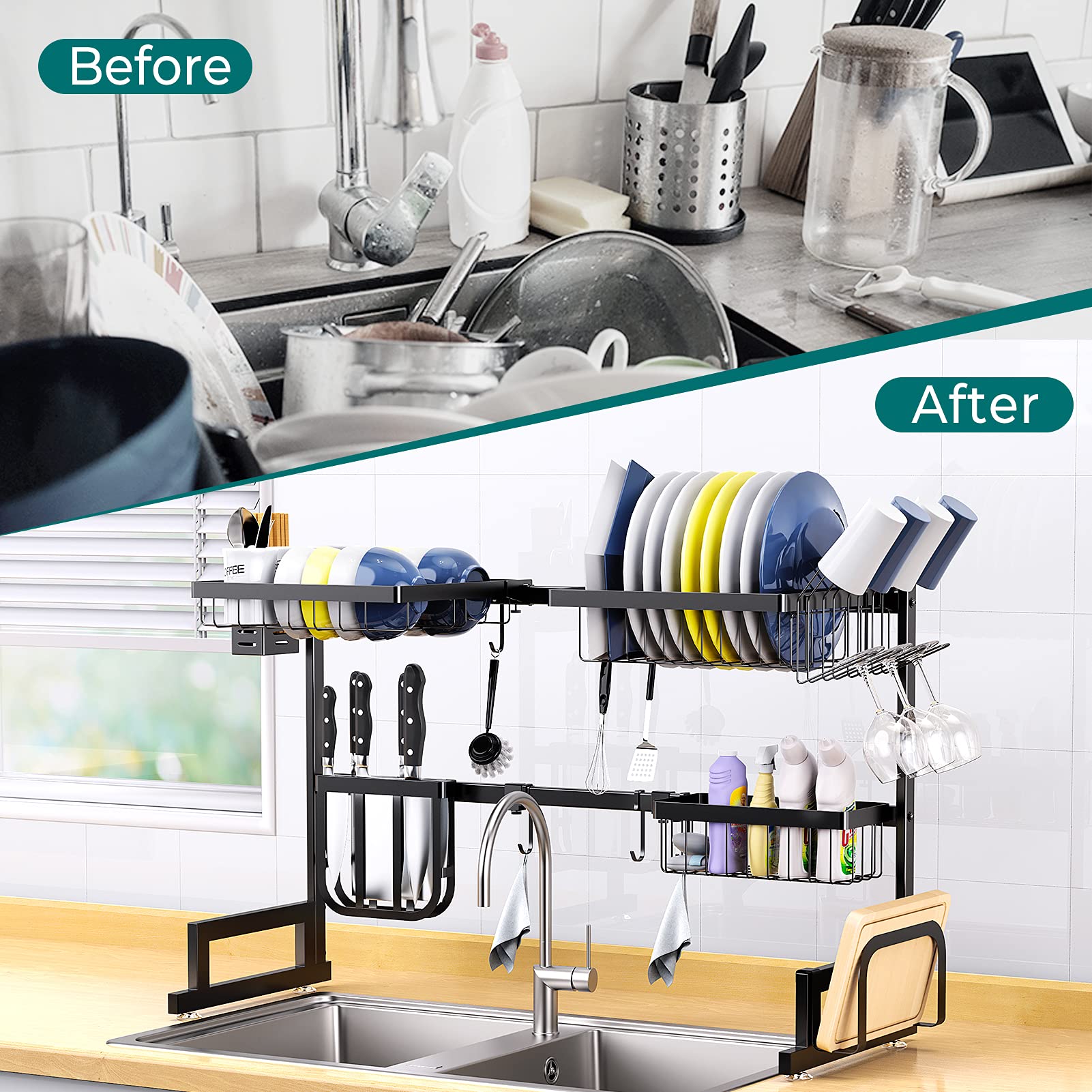 BASSTOP Dish Drying Rack Over Sink, Length Adjustable (25.6''≤Sink Size≤''33.5) Stainless Steel Above Sink Dish Rack Drainer Shelf with 2 Tier 6 Hook for Kitchen Counter Space Saving-Matte Black