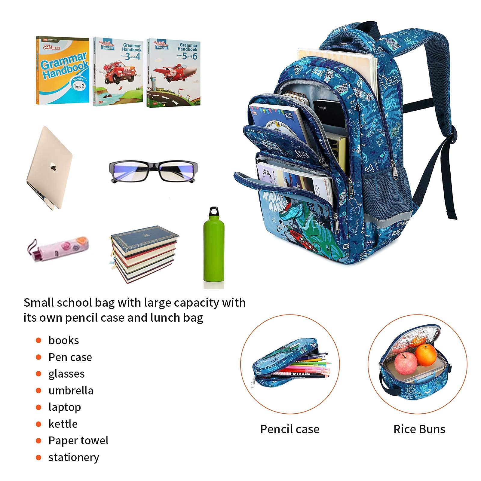 Wawakube 3Pcs Boys Dinosaur Backpack Set with Lunch Box Pencil Case, School Book Bag for Kids Elementary Preschool