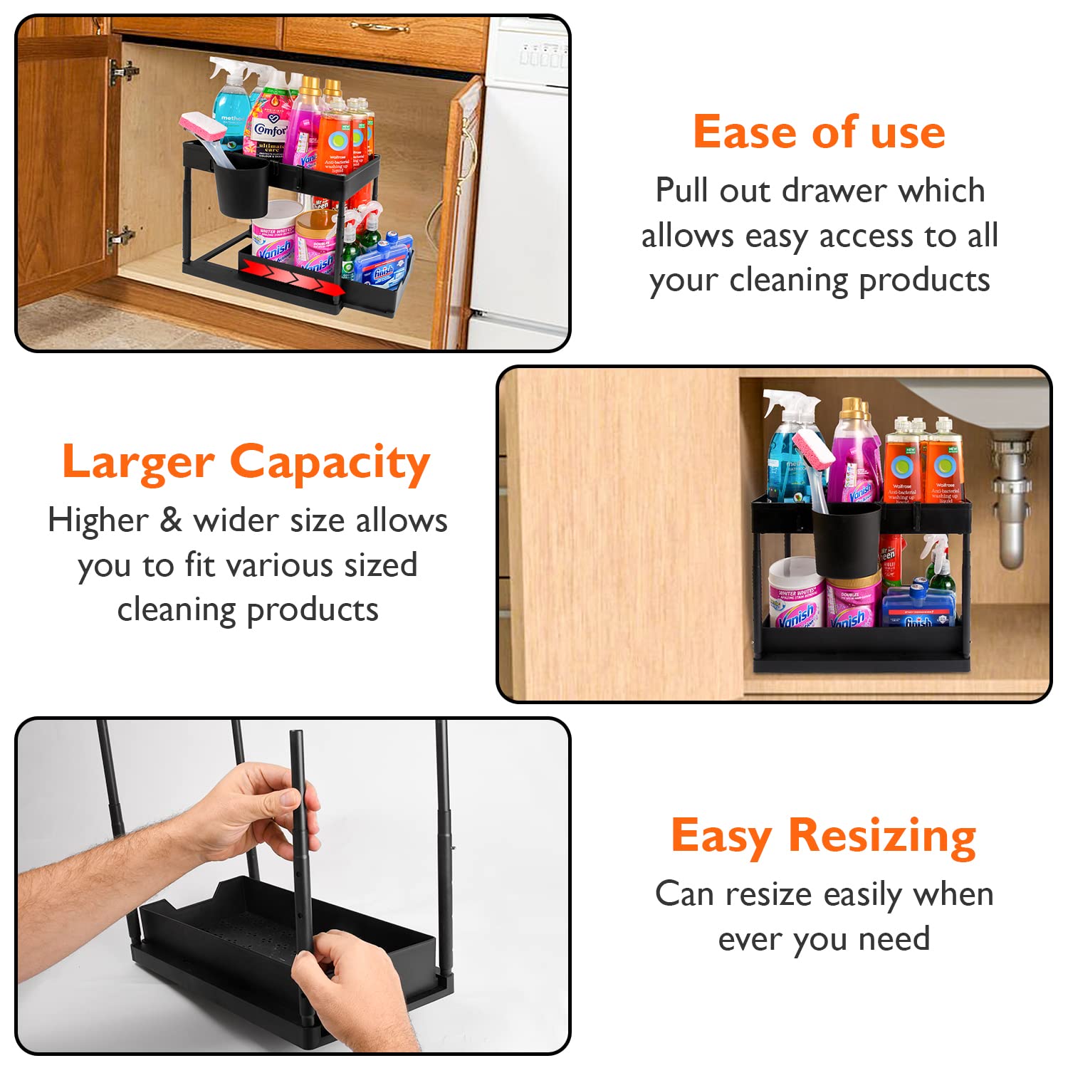Cutting Ej Under Sink Organizer and Storage - 2 Tier Adjustable Height Kitchen, Bathroom, Pantry Storage & Organization Shelves - Pull Out Under Cabinet Organizer for Kitchen Cleaning Supplies, Black