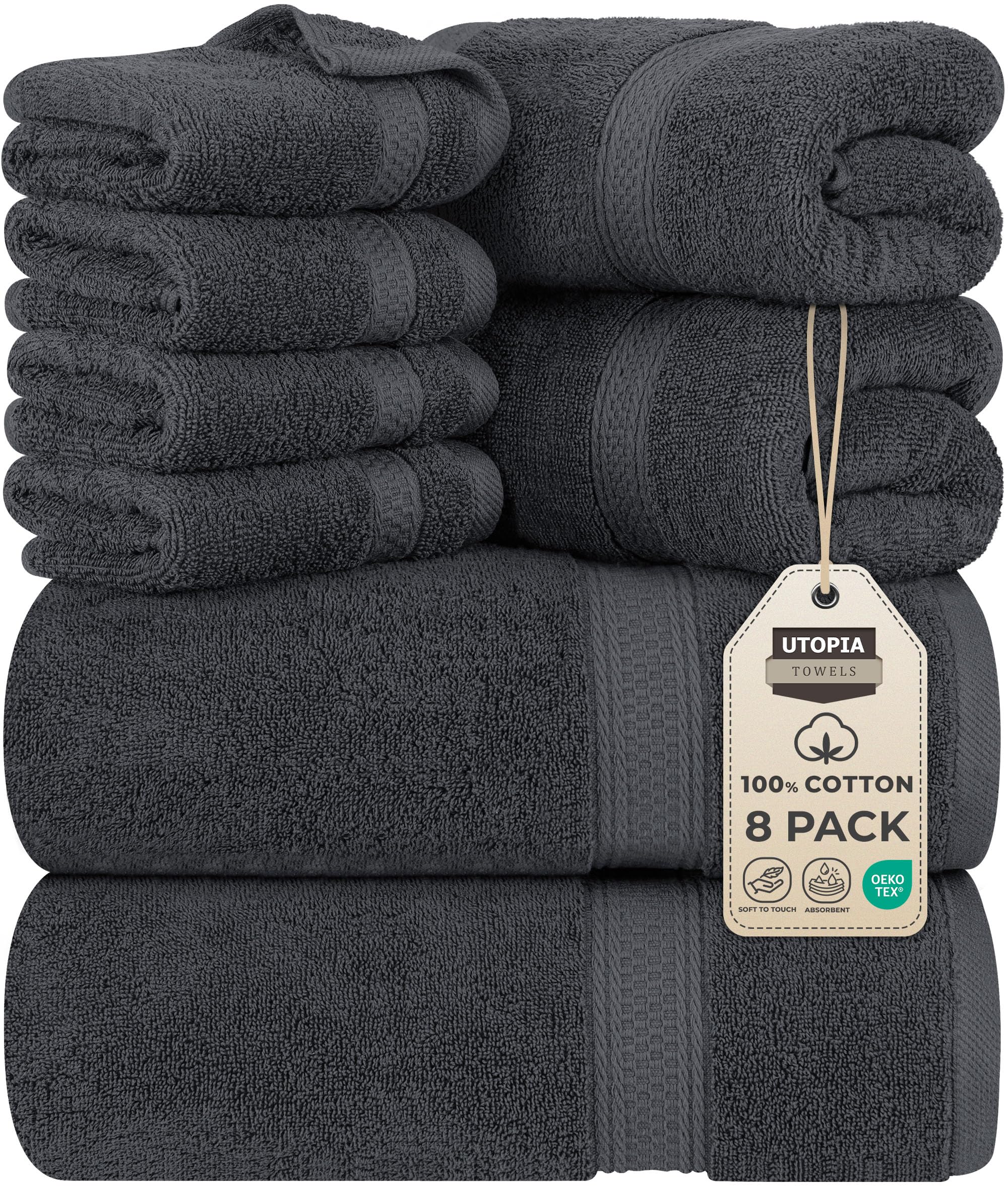 Utopia Towels 8-Piece Premium Towel Set, 2 Bath Towels, 2 Hand Towels, and 4 Wash Cloths, 600 GSM 100% Ring Spun Cotton Highly Absorbent Towels for Bathroom, Gym, Hotel, and Spa (Grey)