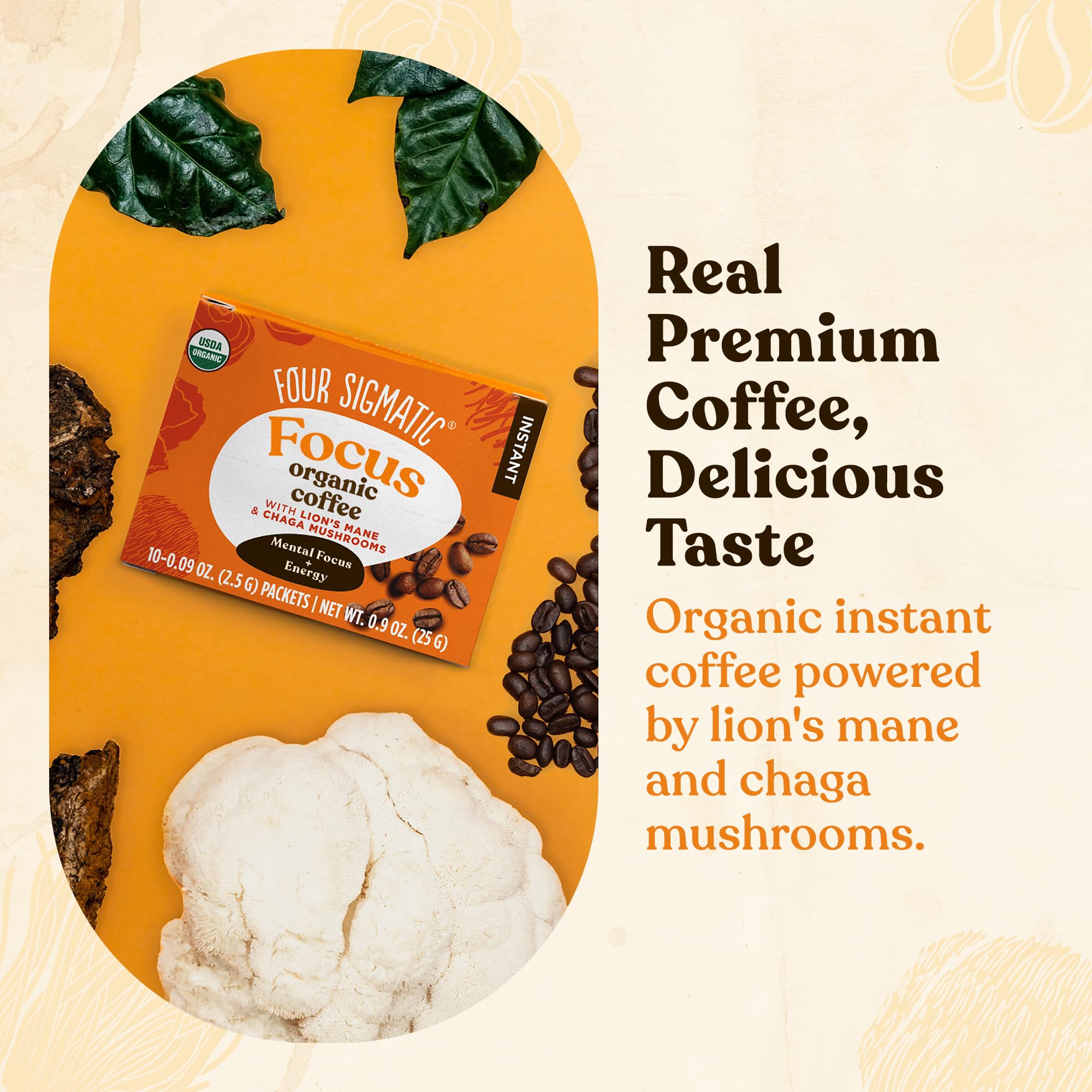 Organic Instant Coffee Powder by Four Sigmatic | Arabica Instant Coffee Singles with Lion's Mane, Chaga and Rhodiola | Mushroom Coffee Instant Mix for Better Focus and Immune Support | 10 Packets