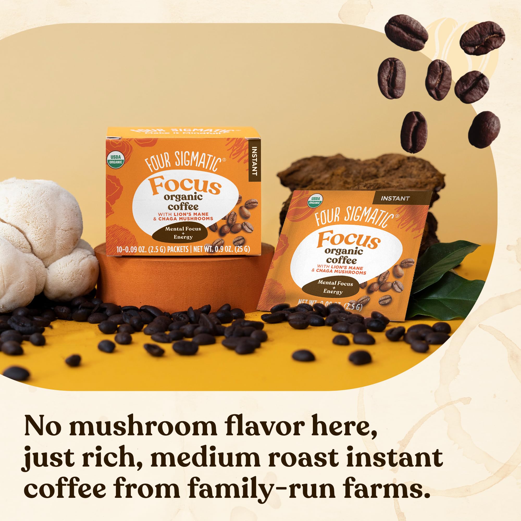 Organic Instant Coffee Powder by Four Sigmatic | Arabica Instant Coffee Singles with Lion's Mane, Chaga and Rhodiola | Mushroom Coffee Instant Mix for Better Focus and Immune Support | 10 Packets