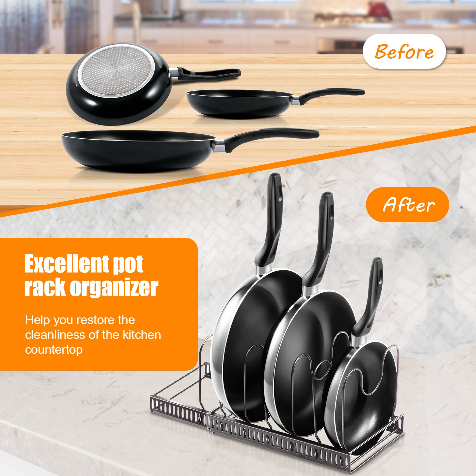 Expandable Pot Rack Organizer, Pot and Pan Organizer for Cabinet, Pot Lid Organizer with 3 DIY Methods, Pot Rack Organizer with 7 Tiers, Pot Organizer Deep U-shaped Design with 1pc Cleaning Cloth