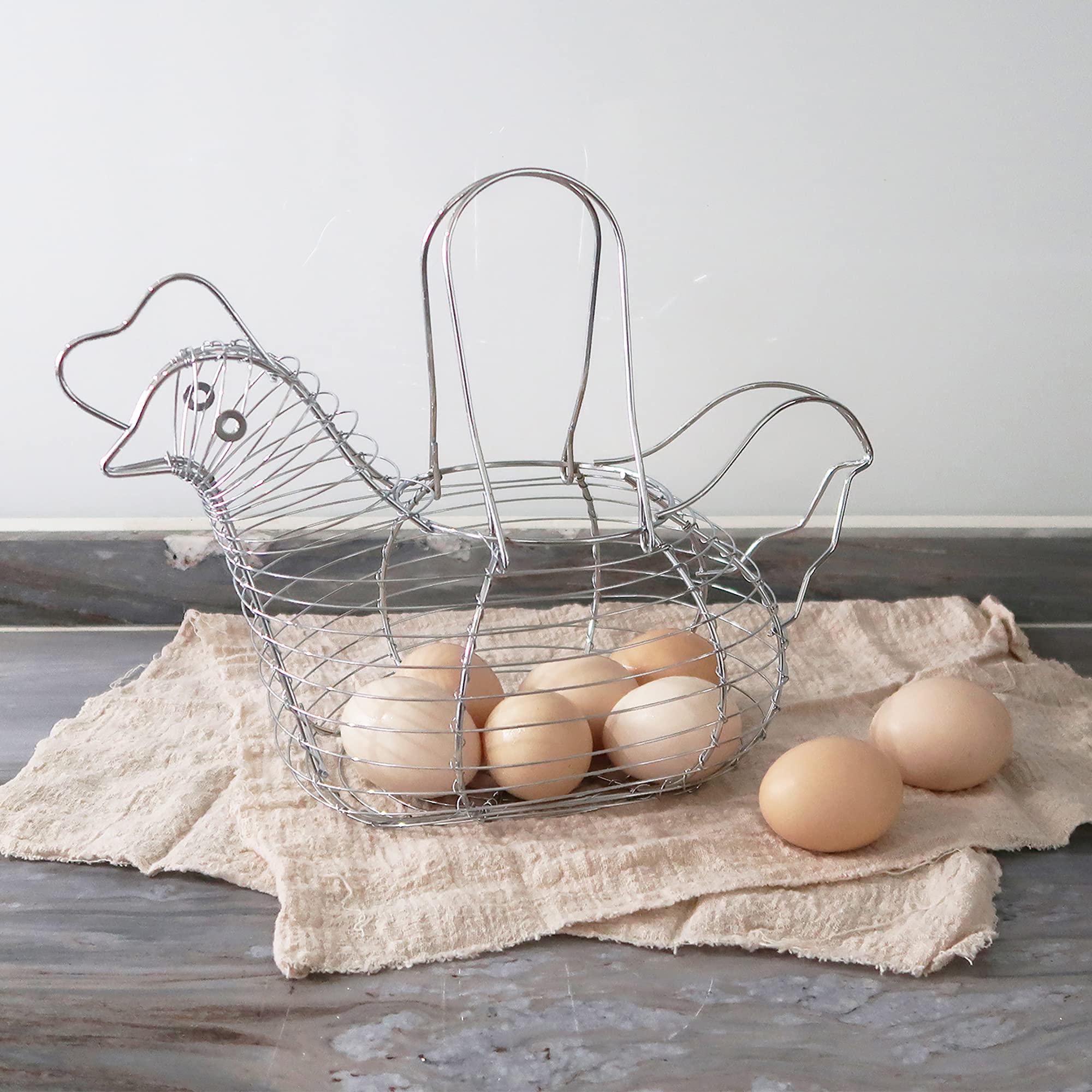 Simple and Neat Chrome Steel Wire Egg Basket with Handle, Holds 15-20 Eggs, Medium Size