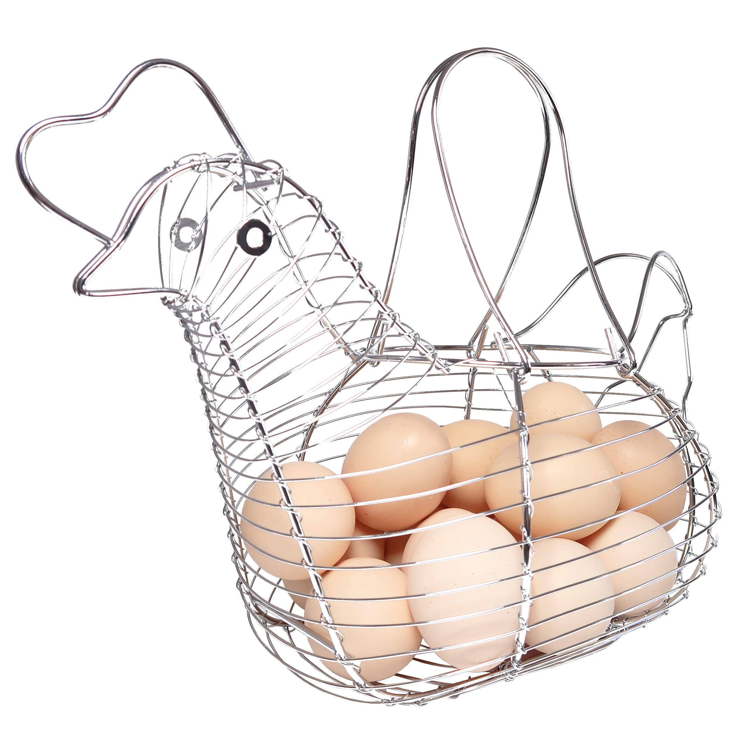 Simple and Neat Chrome Steel Wire Egg Basket with Handle, Holds 15-20 Eggs, Medium Size
