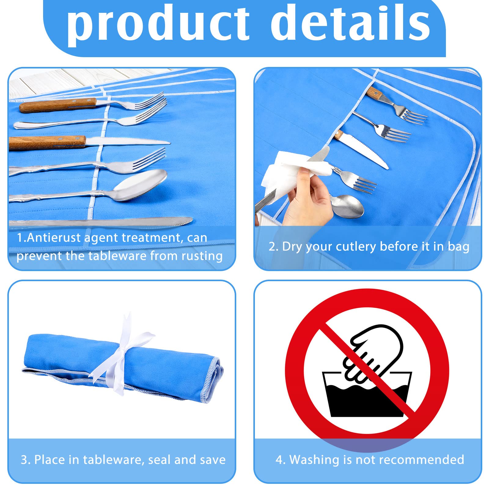 Silver Storage Bags Anti Tarnish Silver Protector Bags Blue Holder for Silverware Flatware Storage Organizer Silver Storage Cloth Place Setting Roll with White Ribbon for Teaspoon Utensils (8 Pieces)