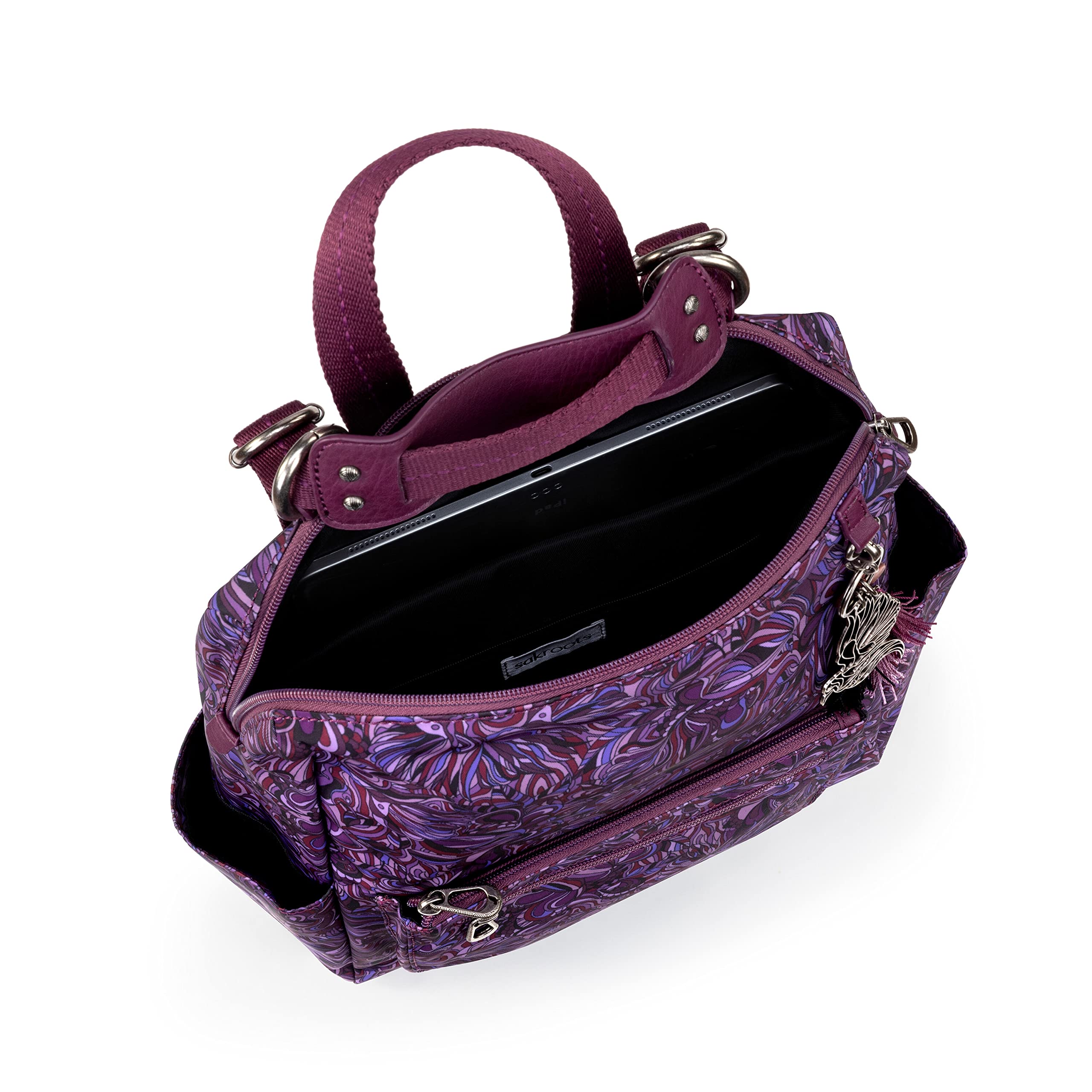 Sakroots womens Eco-twill Convertible Loyola Backpack in Eco Twill Adjustable Crossbody Strap Multifunctional Bag with Laptop Compartmen, Violet Treehouse, One Size US