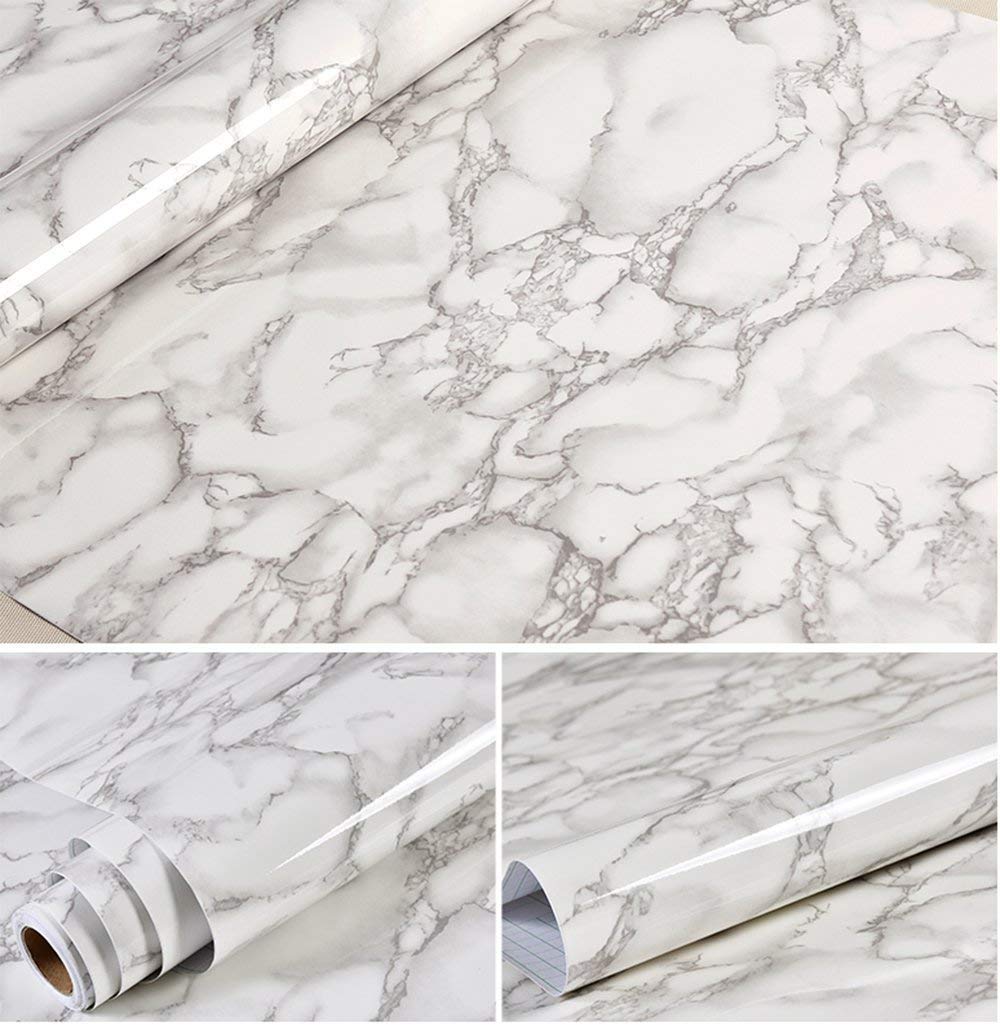 Grey Marble Look Wall Paper Gloss Film Vinyl Self Adhesive Backing Granite Shelf Liner Peel and Stick Wall Decal for Covering Counter Top Kitchen Cabinet (24''x79'')