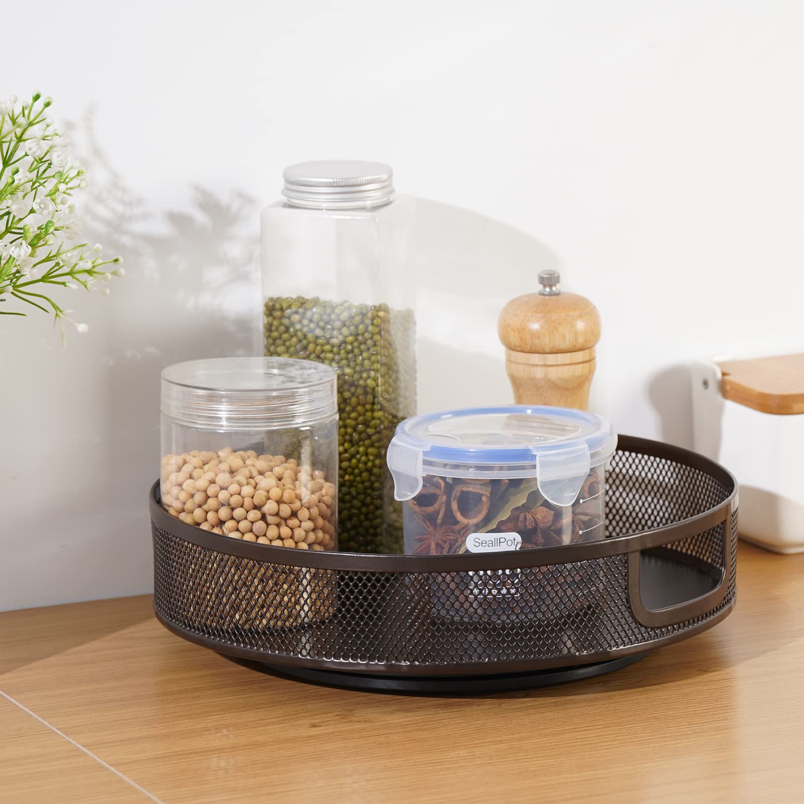SETTFRFE Lazy Susan Organizer 11 Inches,Metal Mesh Turntable Organizer for Bathroom,Kitchen Countertop,Cabinet,Pantry,Refrigerator, Brown