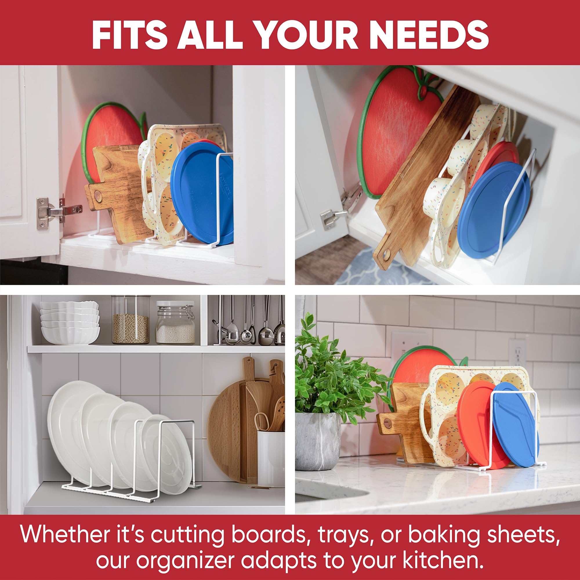 Better Houseware Multi-Use White Medium Kitchen and Office Organizer, 8.25β x 10.25β and 6.5β Height β 4 White Coated Steel Divider Slots to Store Trays, Baking Pans, Cutting Boards or Office Supplies