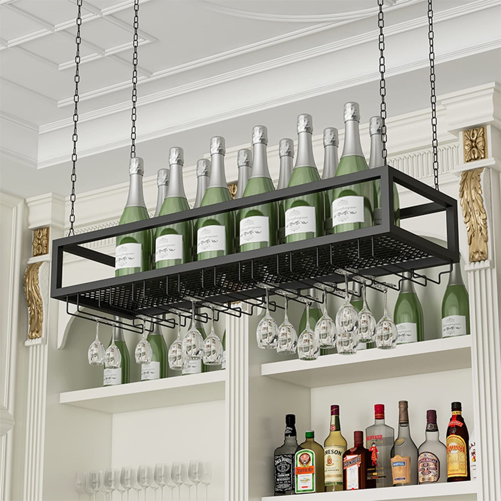 Ceiling Metal Iron Chain Wine Glass Rack, Hanging Wine Glass Holder, Adjustable Wine Rack with Glass Holder, Matte Black Stemware Rack