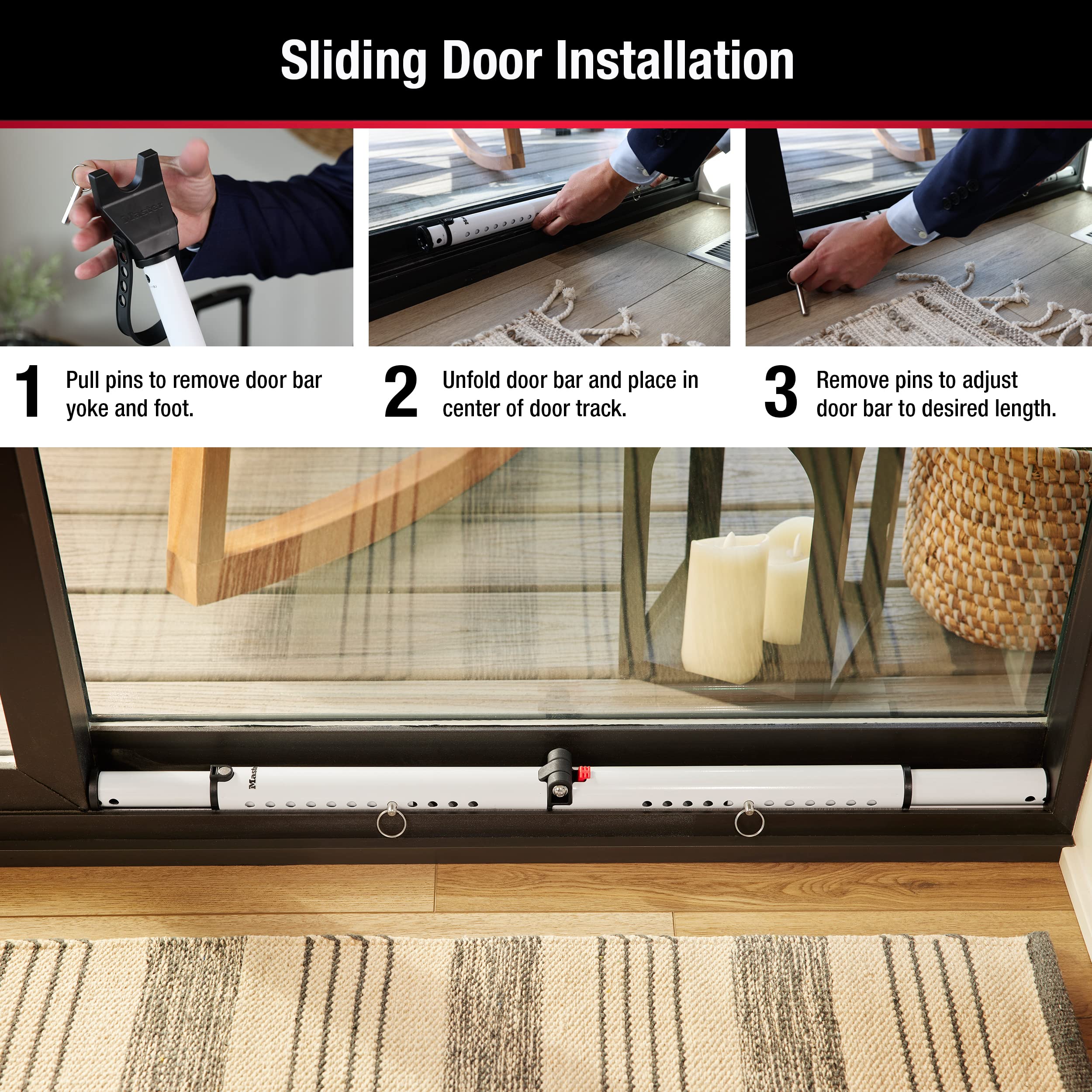 Master Lock Door Security Bar, Home Security Door Stopper, Adjustable from 27-1/2 in. to 42 in., Door Security for Sliding Doors and Front Doors, 265EC