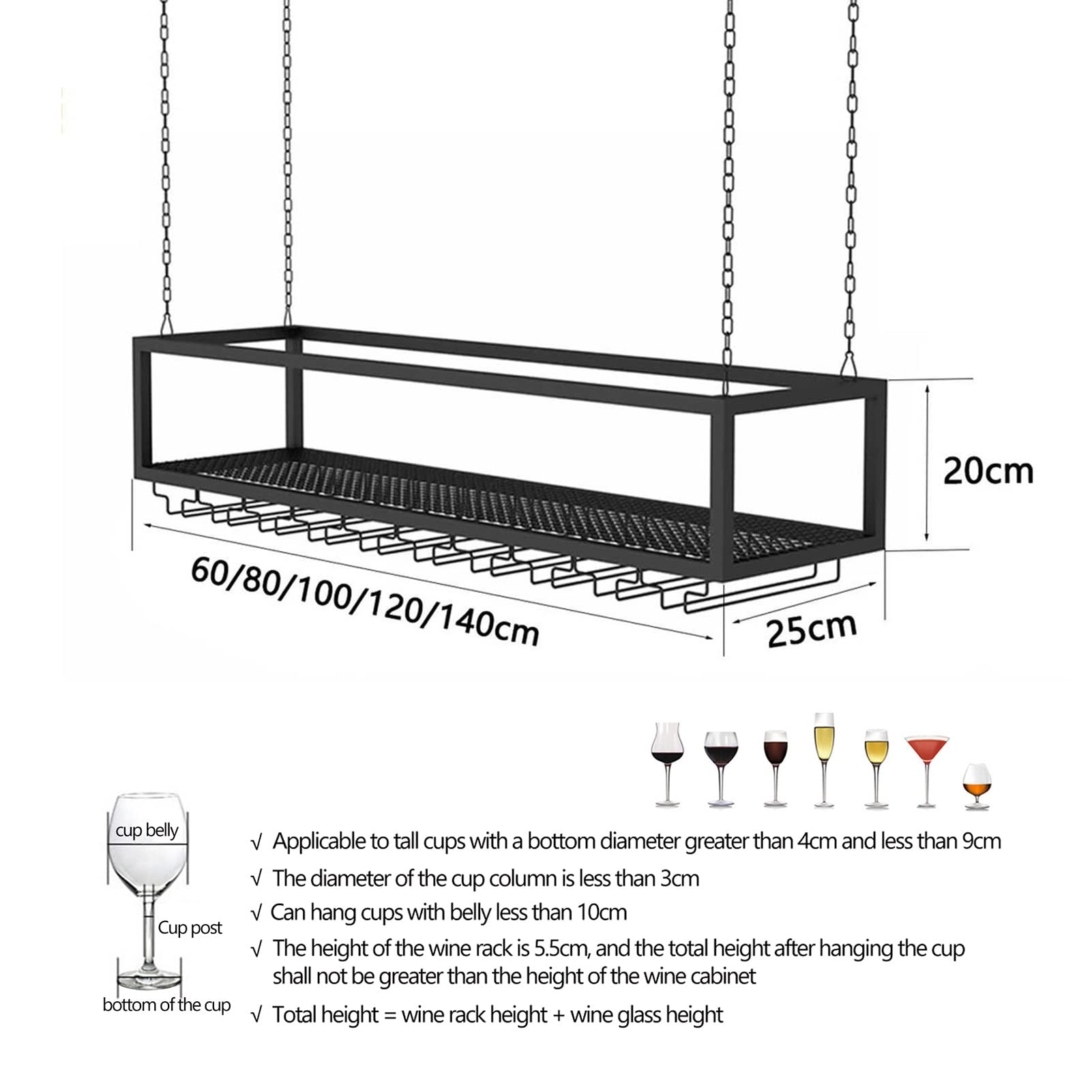 Ceiling Metal Iron Chain Wine Glass Rack, Hanging Wine Glass Holder, Adjustable Wine Rack with Glass Holder, Matte Black Stemware Rack
