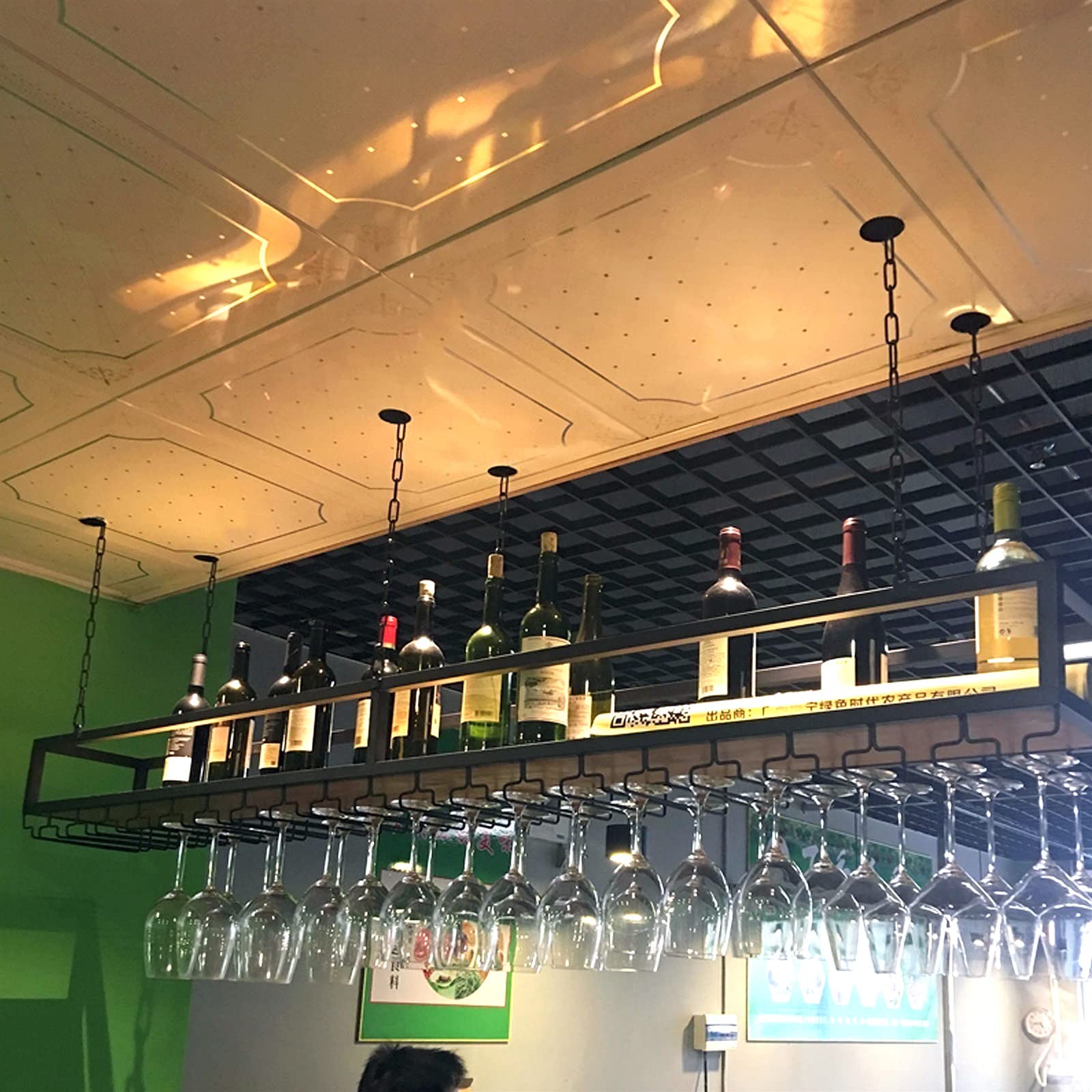SPTZQURY Ceiling Wine Glass Rack - 31.4in Hanging Wine Rack with Glass Holder and Shelf, Height Adjustable Industrial Hanging Wine Bottle Holder, Black Metal Ceiling Shelf for Bar Cafe Kitchen